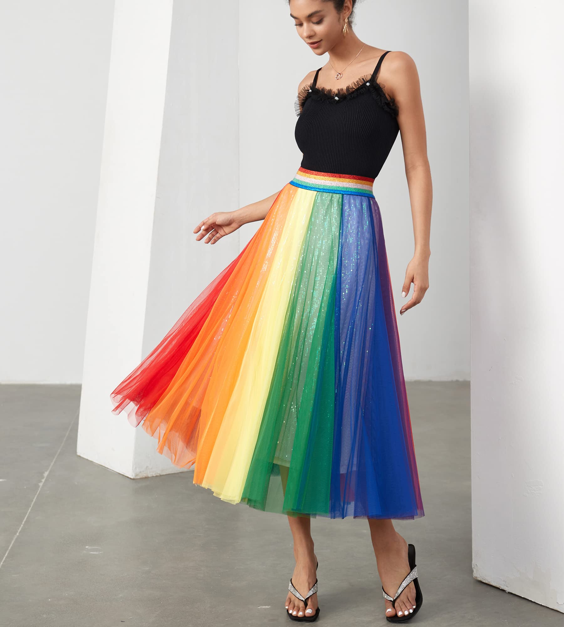 Dwirapal Sequin Long Tulle Skirt 4 Layered Flowy Fairy Sparkle Party Mesh Tea Length Big Hem Skirts for Women