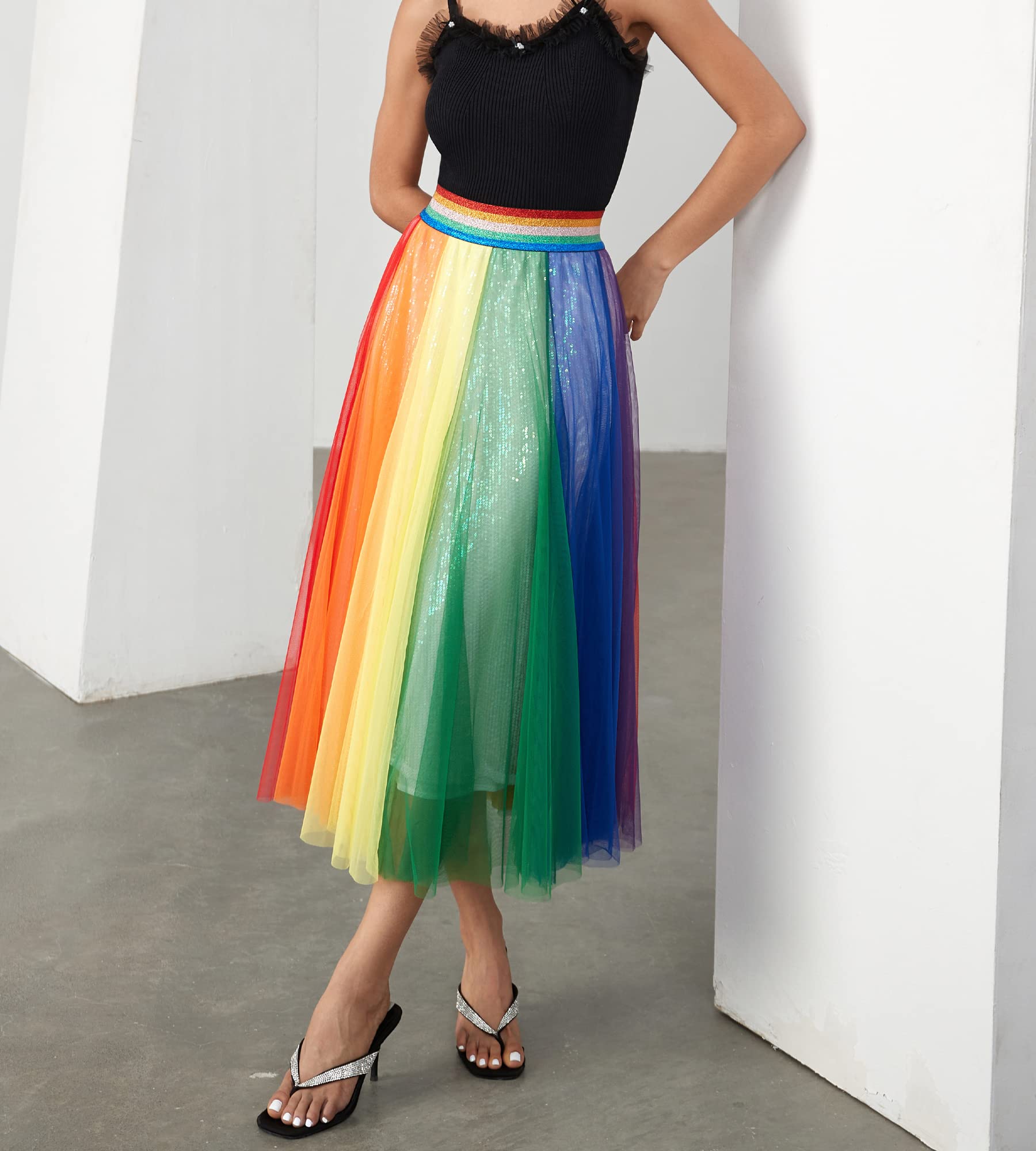 Dwirapal Sequin Long Tulle Skirt 4 Layered Flowy Fairy Sparkle Party Mesh Tea Length Big Hem Skirts for Women