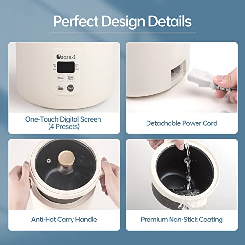 soseki Mini Rice Cooker, 2 Cups Uncooked Rice Cooker Small, One-Touch Screen with 4 Presets Rice Cooker For 1-2 people, 1.2L(1.3 QT) Yogurt Maker For Oatmeal,Macaroni,Borscht,Hot Pot (Pearl White)