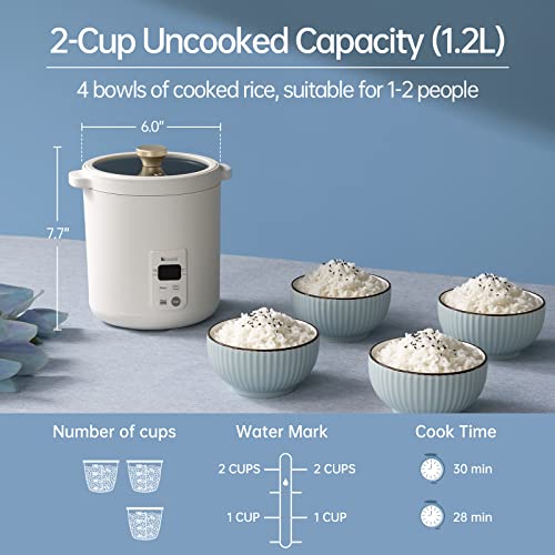 soseki Mini Rice Cooker, 2 Cups Uncooked Rice Cooker Small, One-Touch Screen with 4 Presets Rice Cooker For 1-2 people, 1.2L(1.3 QT) Yogurt Maker For Oatmeal,Macaroni,Borscht,Hot Pot (Pearl White)