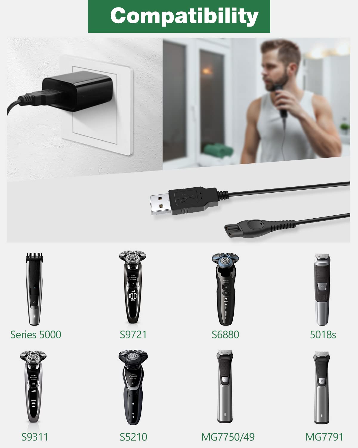 JOVNO 15V USB Charging Cable for HQ8505 2300 7000 5000 3000 Series 3500 mg5750 mg7750 S1560 Electric Shaver Razor Multigroom Beard Trimmer, 15V 0.36A Power Supply Adapter Charging Cord