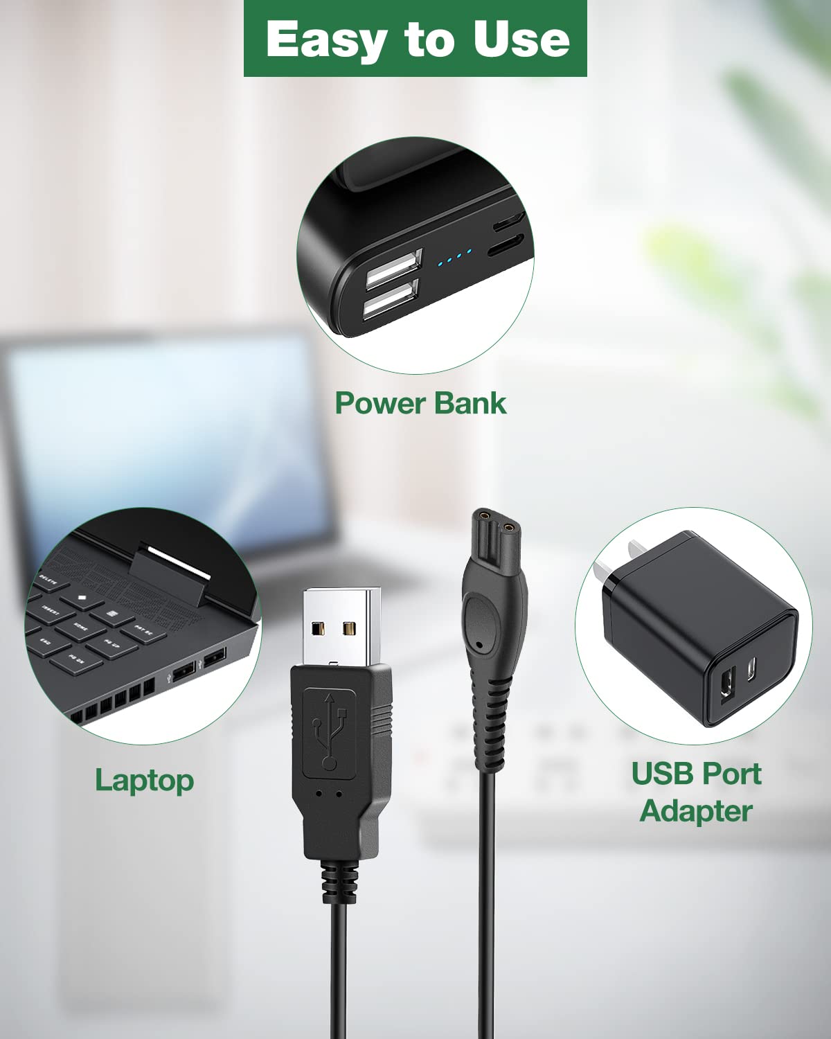 JOVNO 15V USB Charging Cable for HQ8505 2300 7000 5000 3000 Series 3500 mg5750 mg7750 S1560 Electric Shaver Razor Multigroom Beard Trimmer, 15V 0.36A Power Supply Adapter Charging Cord