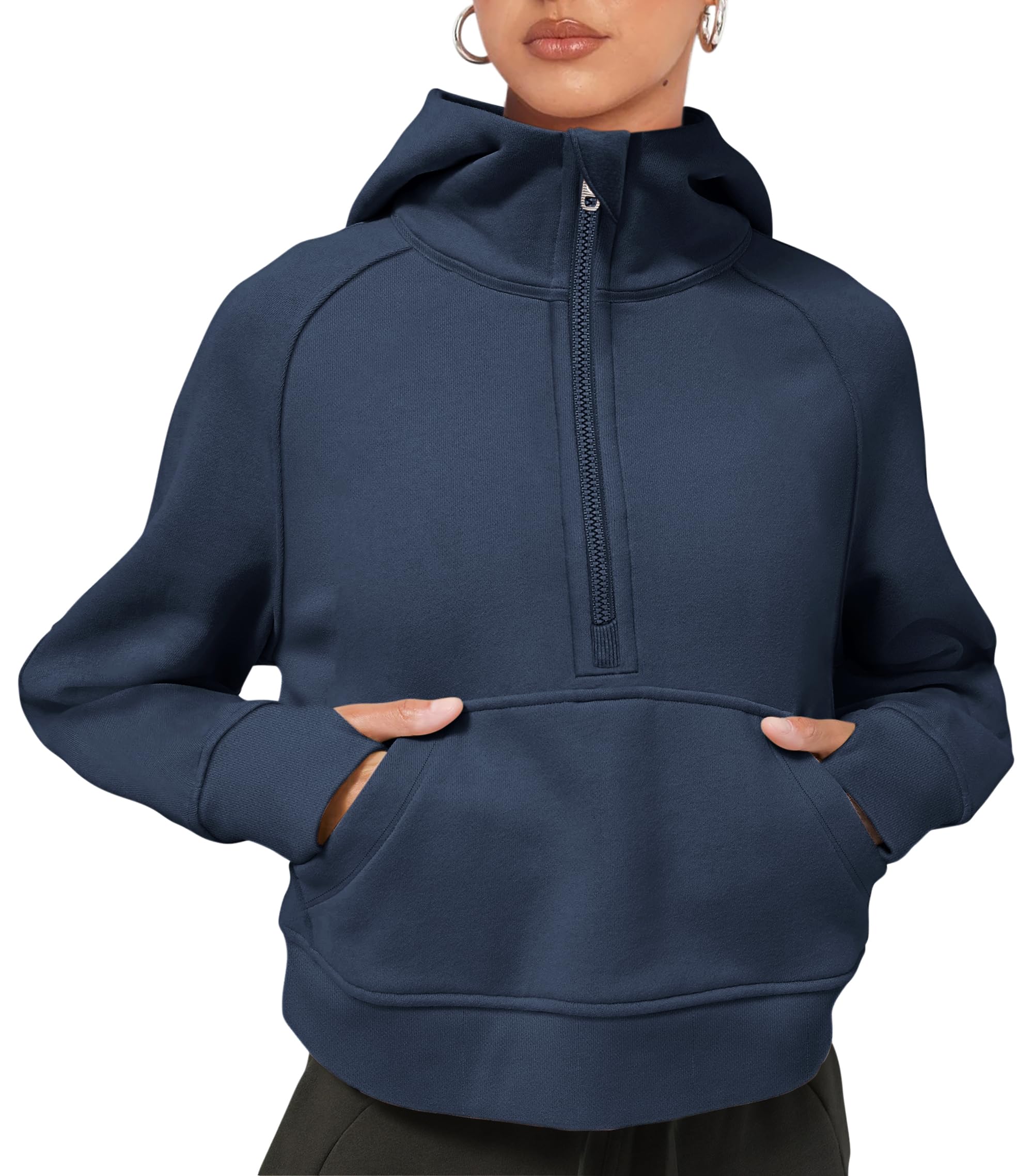 LASLULU Womens Cropped Hoodies Sport Athletic Zip Up Hoodie Sweater Fleece Jacket Sweatshirt Long Sleeve Pullover Fall Outifits 2024 Pockets(Navy Blue Medium)