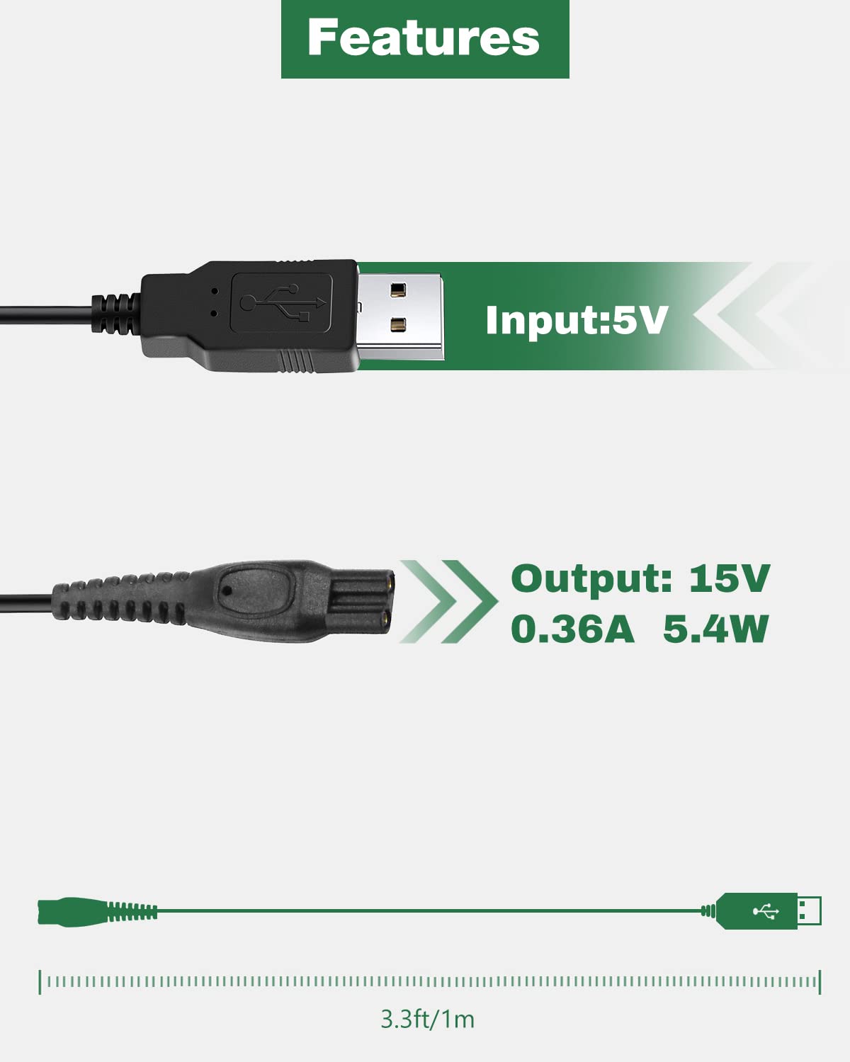 JOVNO 15V USB Charging Cable for HQ8505 2300 7000 5000 3000 Series 3500 mg5750 mg7750 S1560 Electric Shaver Razor Multigroom Beard Trimmer, 15V 0.36A Power Supply Adapter Charging Cord
