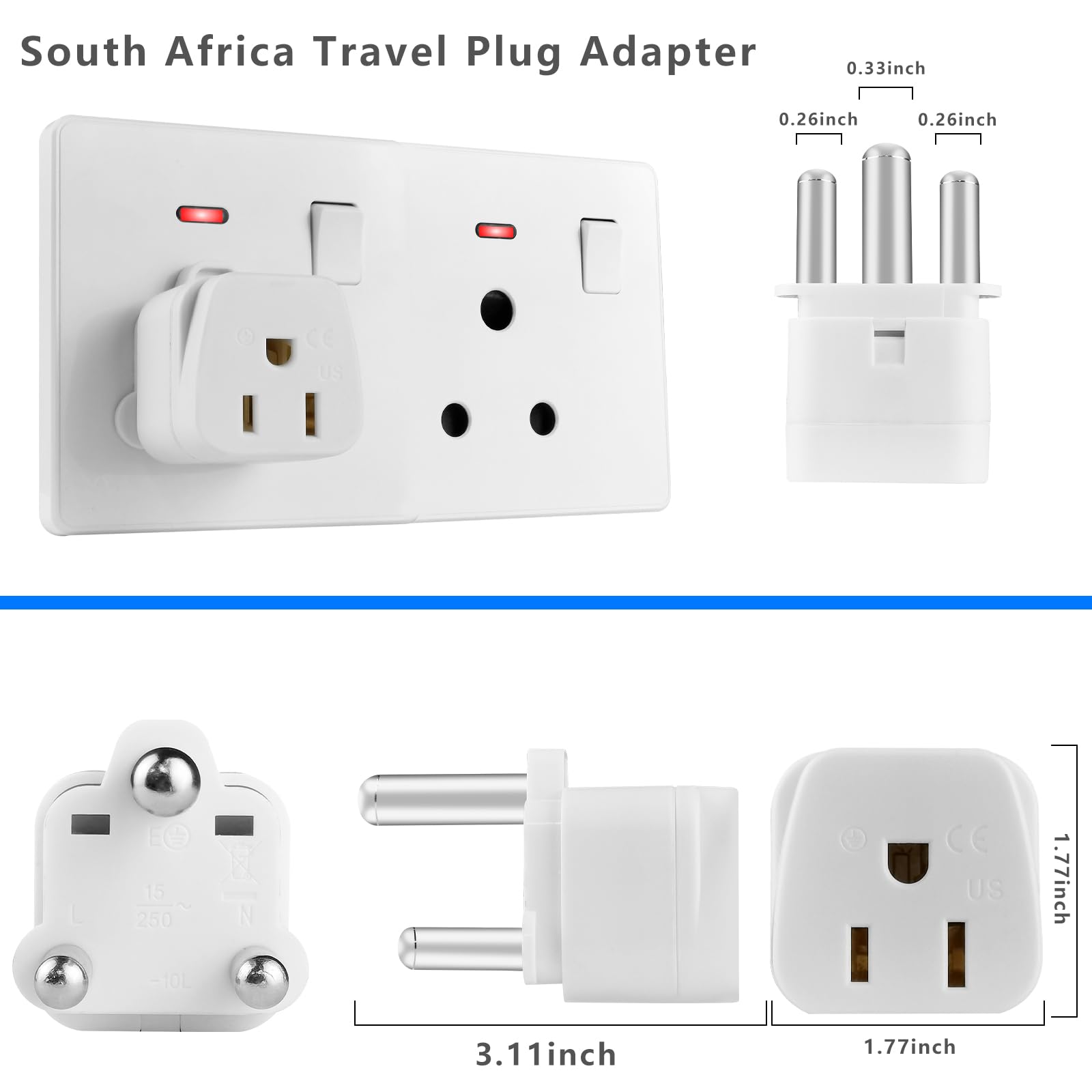 South Africa Travel Plug Adapter,South Africa Plug Adapter 3 Prong Safe Grounded USA to Any Type M for Country Such as Botswana,Nepal Pakistan,Namibia and More,White 2 Pack