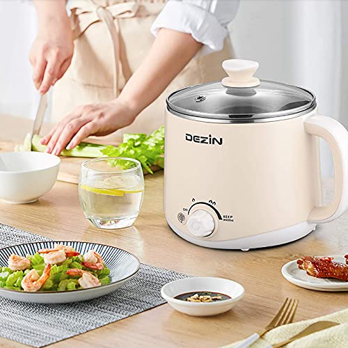 Dezin Electric Hot Pot, Rapid Noodles Cooker, Stainless Steel Mini Pot Perfect for Ramen, Egg, Pasta, Dumplings, Soup, Porridge, Oatmeal with Power Adjustment and Keep Warm Feature, 1.6L, Beige