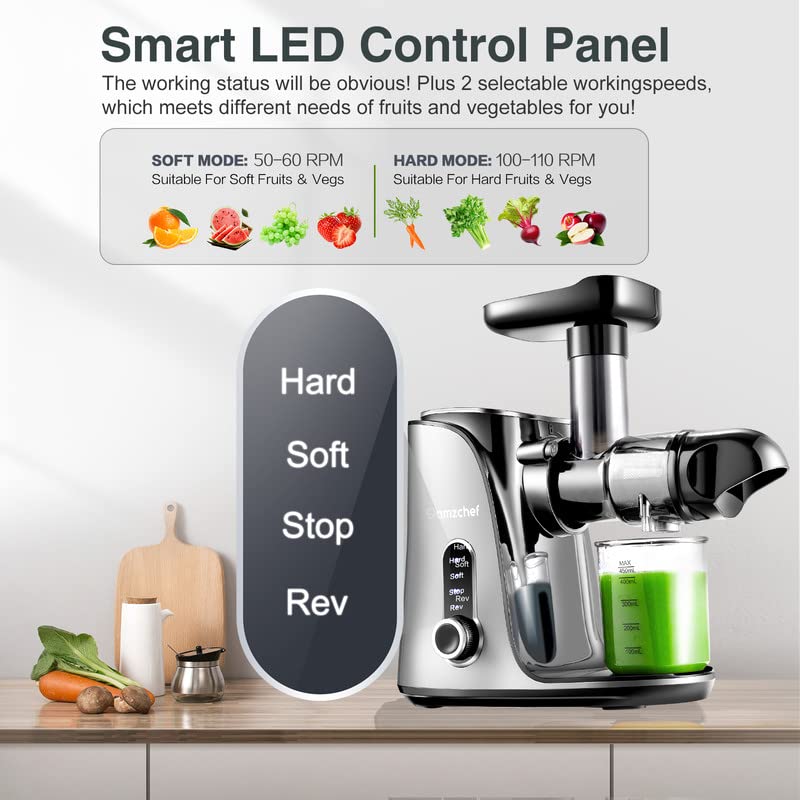 Juicer Machines,AMZCHEF Slow Masticating Juicer Extractor, Cold Press Juicer with Two Speed Modes, Travel bottle(500ML),LED display, Easy to Clean Brush & Quiet Motor for Vegetables&Fruits,Gray