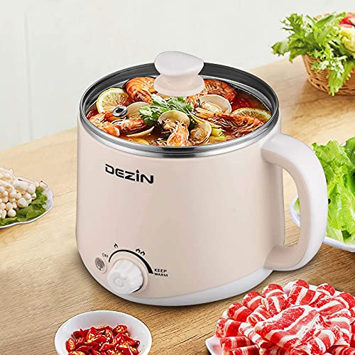 Dezin Electric Hot Pot, Rapid Noodles Cooker, Stainless Steel Mini Pot Perfect for Ramen, Egg, Pasta, Dumplings, Soup, Porridge, Oatmeal with Power Adjustment and Keep Warm Feature, 1.6L, Beige
