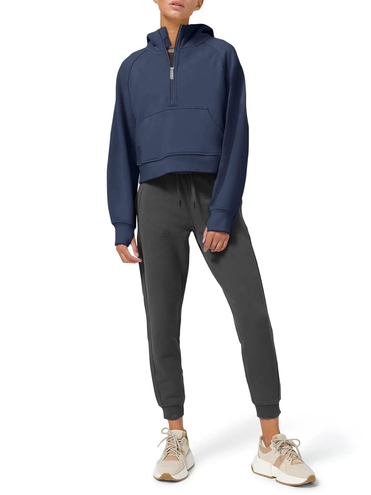 LASLULU Womens Cropped Hoodies Sport Athletic Zip Up Hoodie Sweater Fleece Jacket Sweatshirt Long Sleeve Pullover Fall Outifits 2024 Pockets(Navy Blue Medium)