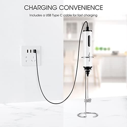 FoodVille MF05 Rechargeable Milk Frother USB Charging Handheld Foam Maker with Stainless Balloon Whisk for Cappuccino, Latte, Bulletproof Coffee, Keto Diet, Protein Powder, Matcha (White with Stand)