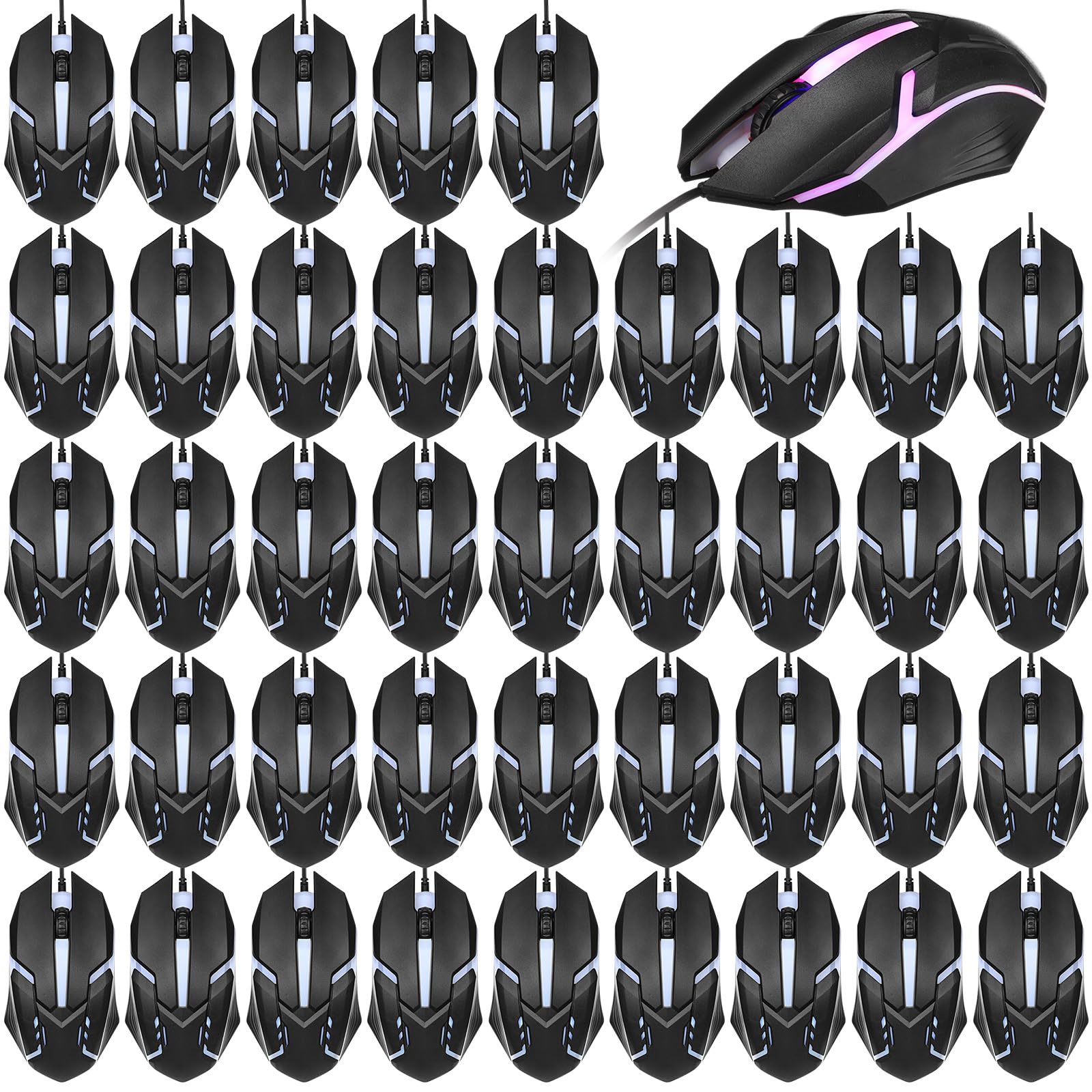 Sratte 30 Pack Black USB Wired Mouse Bulk 1200 DPI RGB Optical Computer Mouse 3 Button 7 Color LED Backlit Wired Ergonomic USB for Gaming Office Desktop Laptop Gamer Computer
