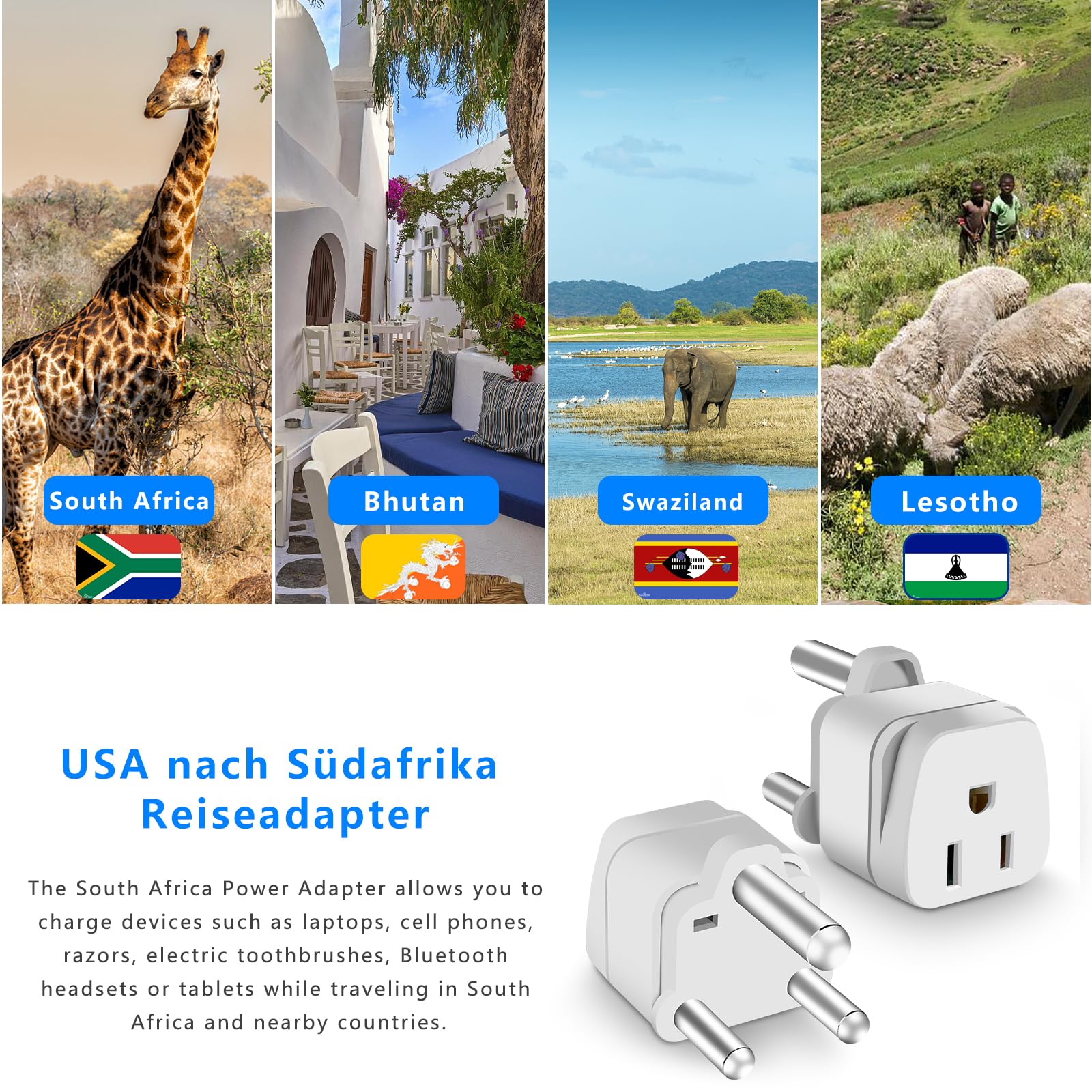 South Africa Travel Plug Adapter,South Africa Plug Adapter 3 Prong Safe Grounded USA to Any Type M for Country Such as Botswana,Nepal Pakistan,Namibia and More,White 2 Pack