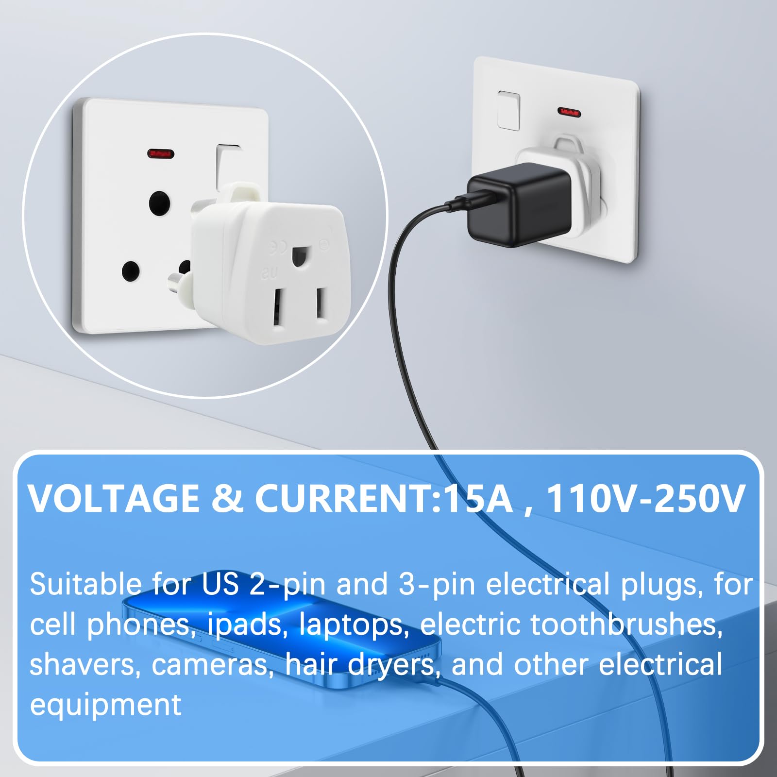South Africa Travel Plug Adapter,South Africa Plug Adapter 3 Prong Safe Grounded USA to Any Type M for Country Such as Botswana,Nepal Pakistan,Namibia and More,White 2 Pack