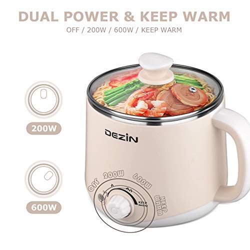 Dezin Electric Hot Pot, Rapid Noodles Cooker, Stainless Steel Mini Pot Perfect for Ramen, Egg, Pasta, Dumplings, Soup, Porridge, Oatmeal with Power Adjustment and Keep Warm Feature, 1.6L, Beige