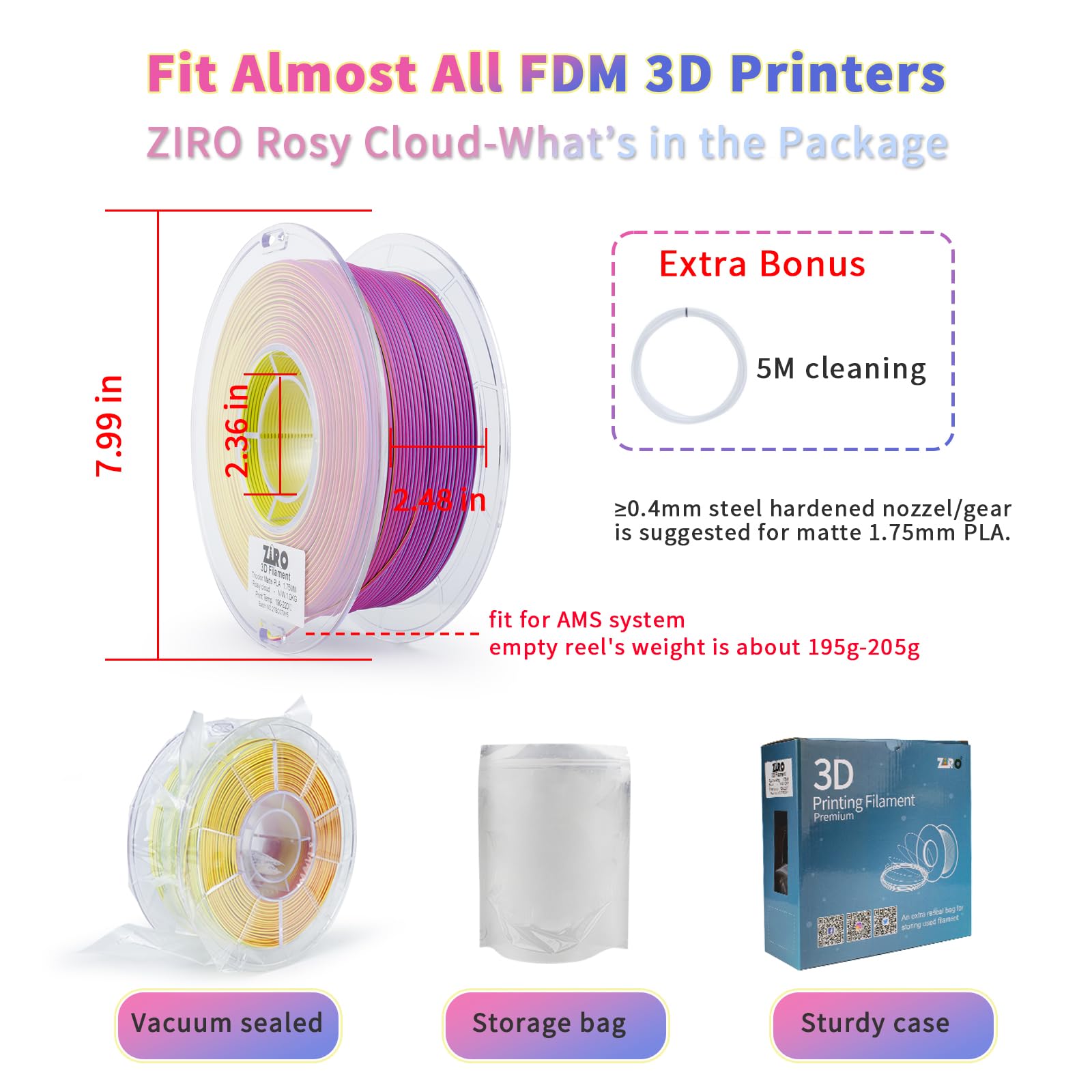 ZIRO PLA Filament Matte, Multicolors 3D Printer Filament, 3-in-1 Chrome Coextrusion PLA, Magic Three-Color PLA, Fit Most FDM 3D Printers,1KG/2.2lb Spool, Rosy Cloud (Matte)