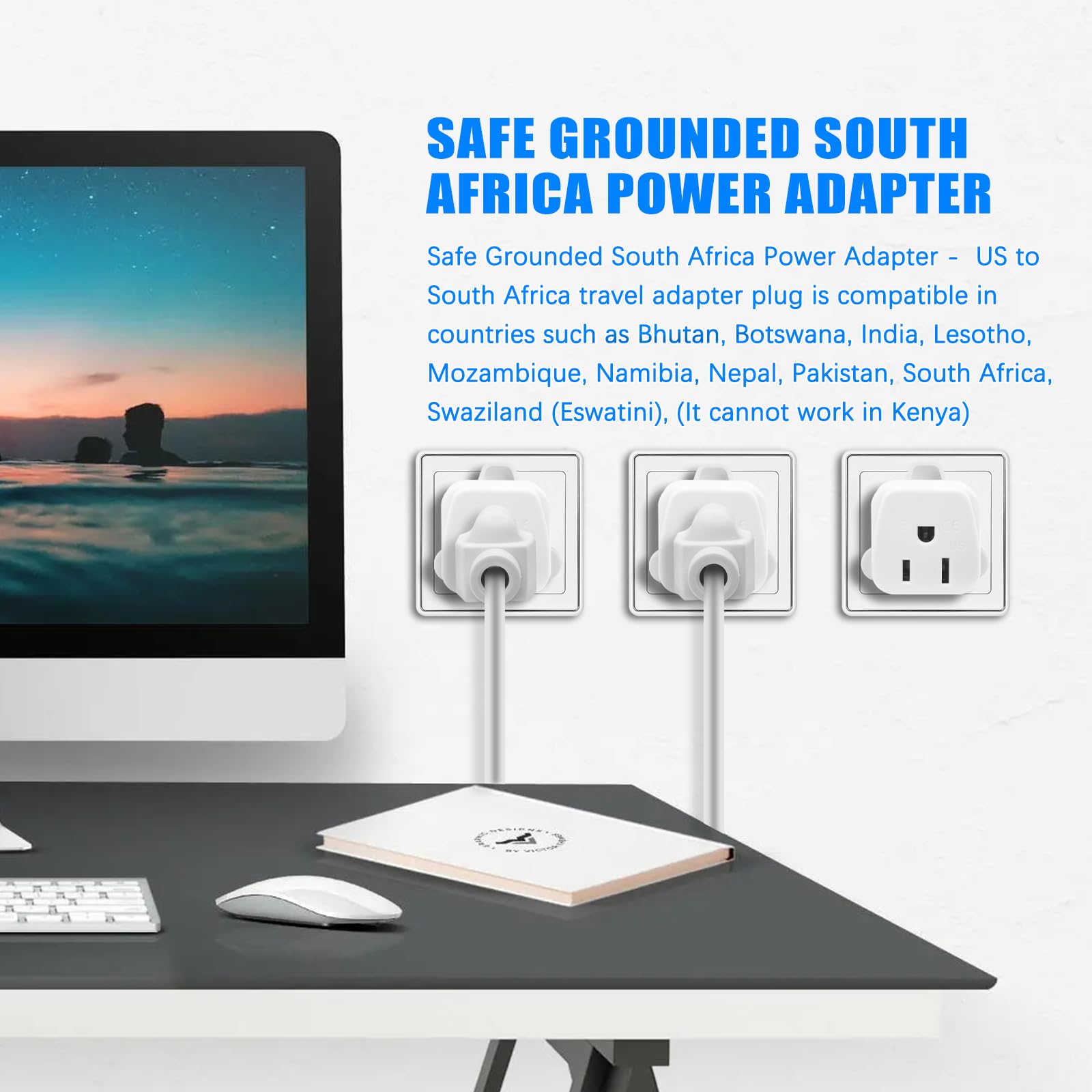 South Africa Travel Plug Adapter,South Africa Plug Adapter 3 Prong Safe Grounded USA to Any Type M for Country Such as Botswana,Nepal Pakistan,Namibia and More,White 2 Pack