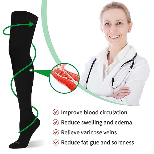 LEVSOX Thigh High Compression Socks for Women&Men 20-30 mmHg Viscose for Bamboo Over the Knee Graduated Long Compression Stockings for Nurse, Pregnancy, Travel, 3 Pair, Close Toe, Black