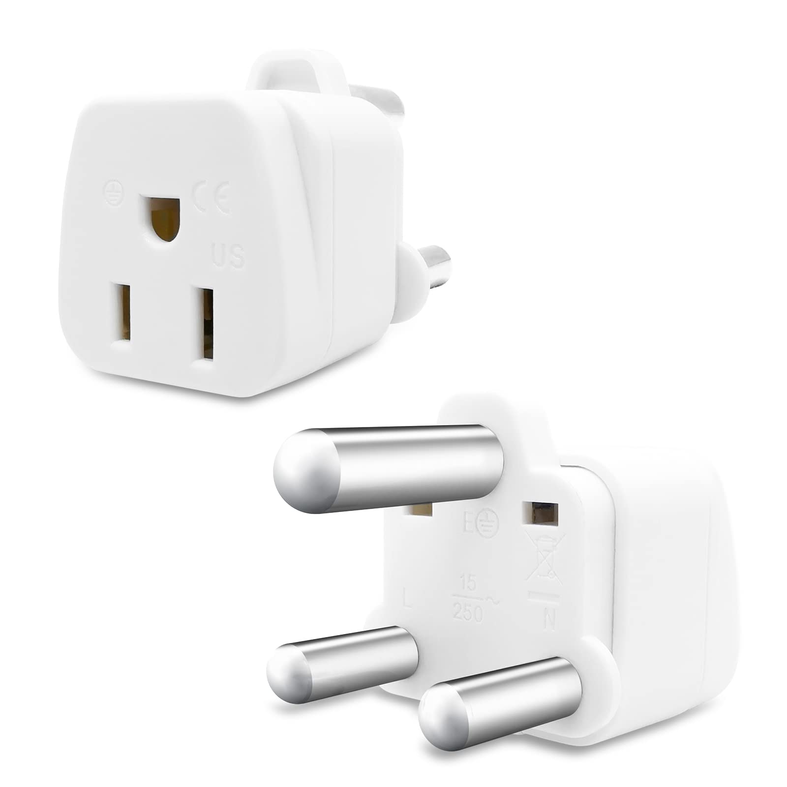 South Africa Travel Plug Adapter,South Africa Plug Adapter 3 Prong Safe Grounded USA to Any Type M for Country Such as Botswana,Nepal Pakistan,Namibia and More,White 2 Pack