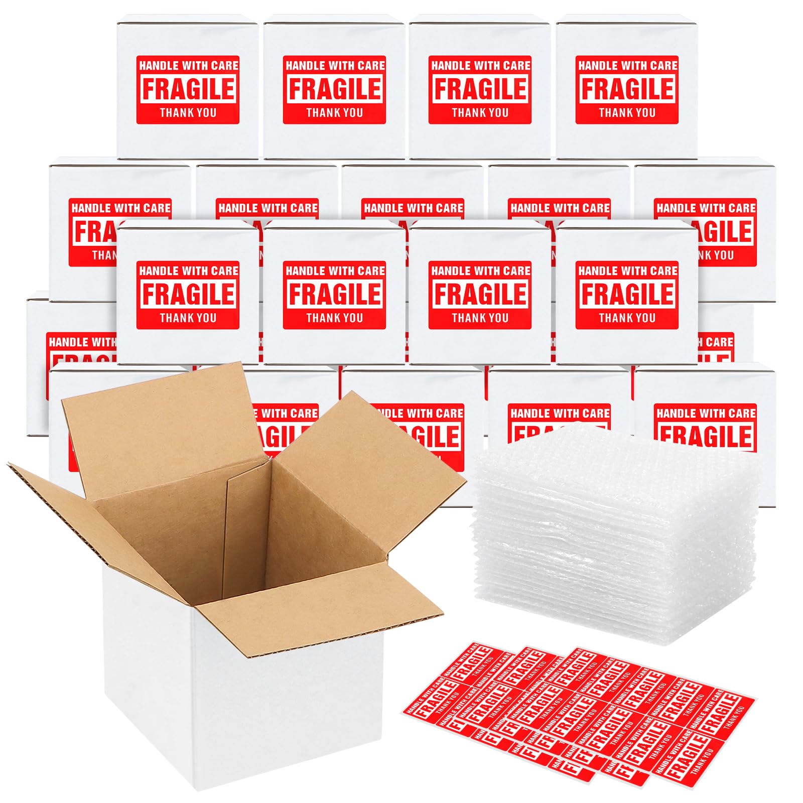 25Pack 5x5x5 Shipping Boxes for Small Business,White Mailing Boxes with Bubble Bags & Fragile Stickers for Mailing and Packing Small Gifts,Candle 5x5 Shipping boxes,Mug boxes for Shipping