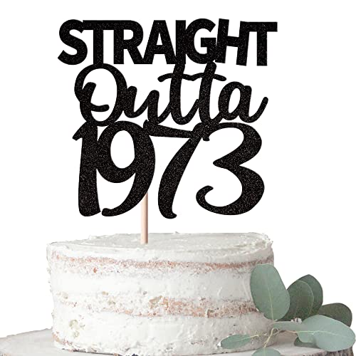 Rsstarxi 1 Pack Straight Outta 1973 Cake Topper Black Glitter Fifty Happy 50th Birthday Cake Pick for Cheers to 50th Birthday Wedding Anniversary Party Cake Decorations Supplies