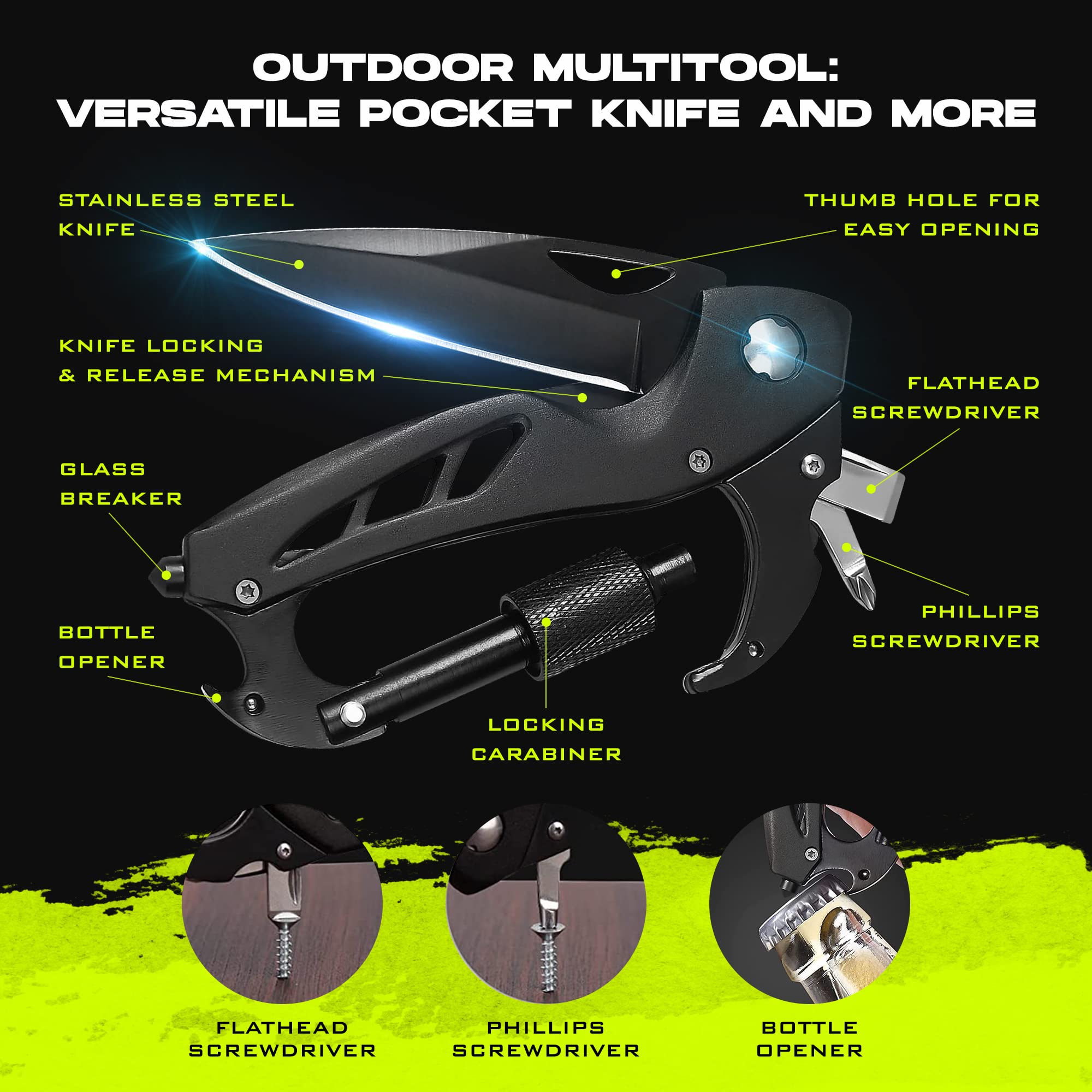 OFFICIAL SURVIVAL GEAR 2-Pack Outdoor Carabiner Multitool, Carabiner Knife, EDC Pocket Knife Survival Gear with Glass Breaker