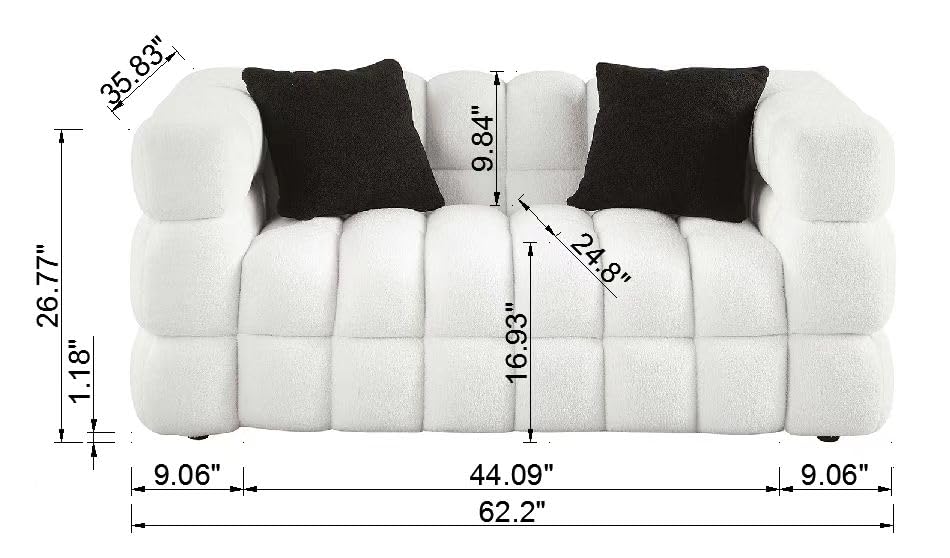 62.2" Cloud Couch, Mid Century Sleeper Sofa Modern Marshmallow Boucle Sofa Fabric Couches for Living Room with Plastic Legs Upholstered Tufted 2 Seater Sofa with 2 Pillows