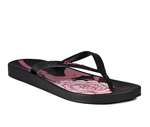 Ipanema Women's Ana Temas XIII Flip Flops - Comfortable & Stylish Summer Sandal with Flower Prints, Anatomic Footbed & Non-Slip Sole, Black/Pink, 10