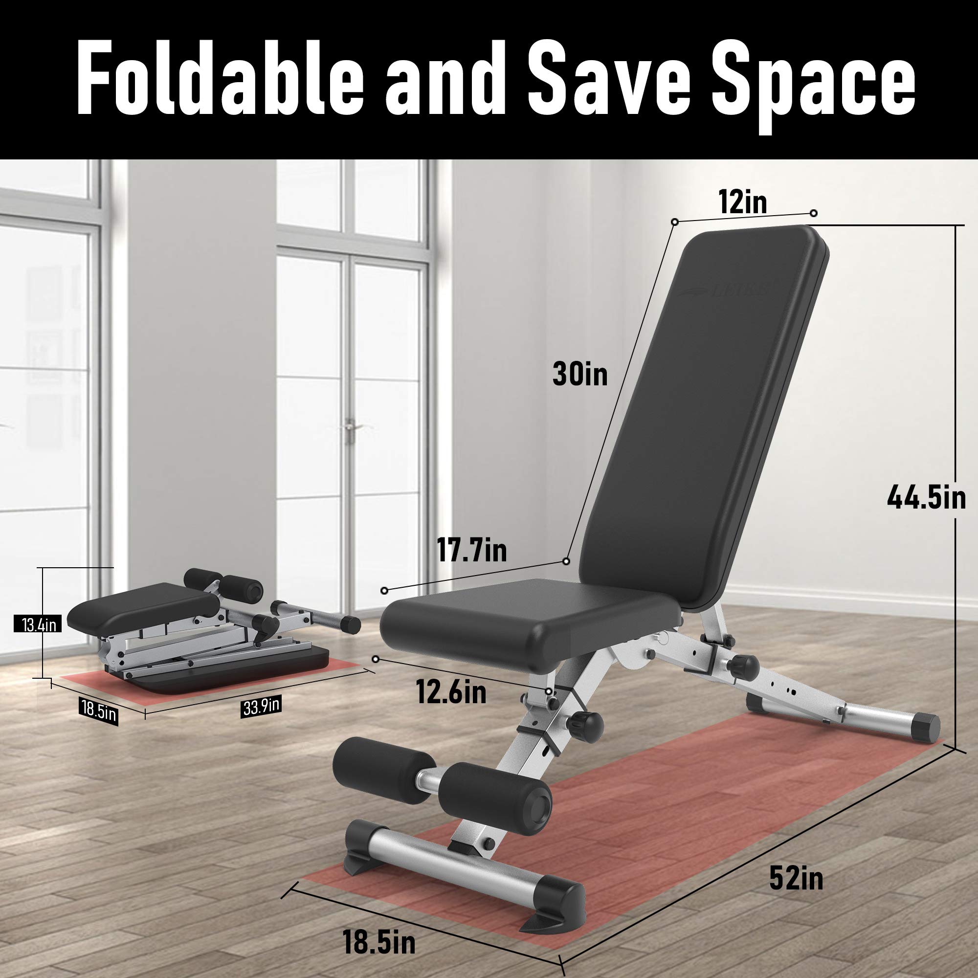 leikefitness Adjustable Weight Bench Foldable Workout Exercise Bench with Automatic Lock for Upright Incline Decline and Flat Full Body Exercise (GM5809(BLACK))