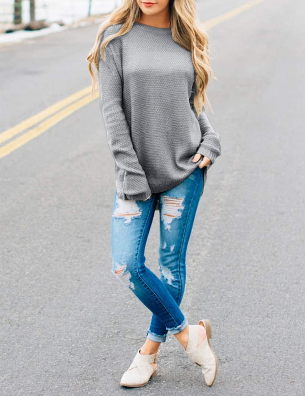 LEANI Women’s 2024 Long Sleeve Crew Neck Pullover Sweater Loose Casual Soft Knit Jumper Tops Grey