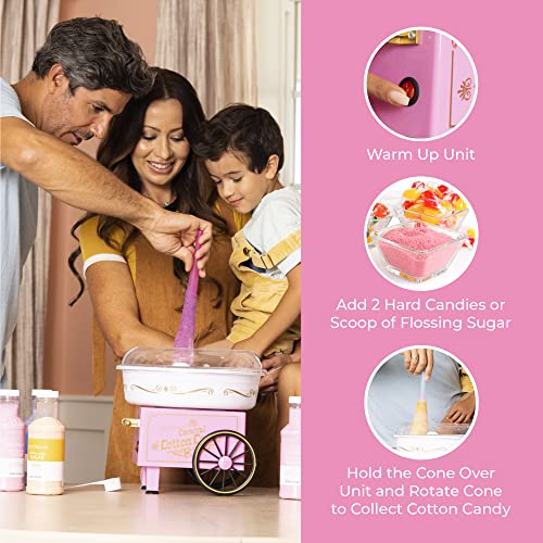 Nostalgia Cotton Candy Machine - Retro Cotton Candy Machine for Kids with 2 Reusable Cones, 1 Sugar Scoop, and 1 Extractor Head β Pink