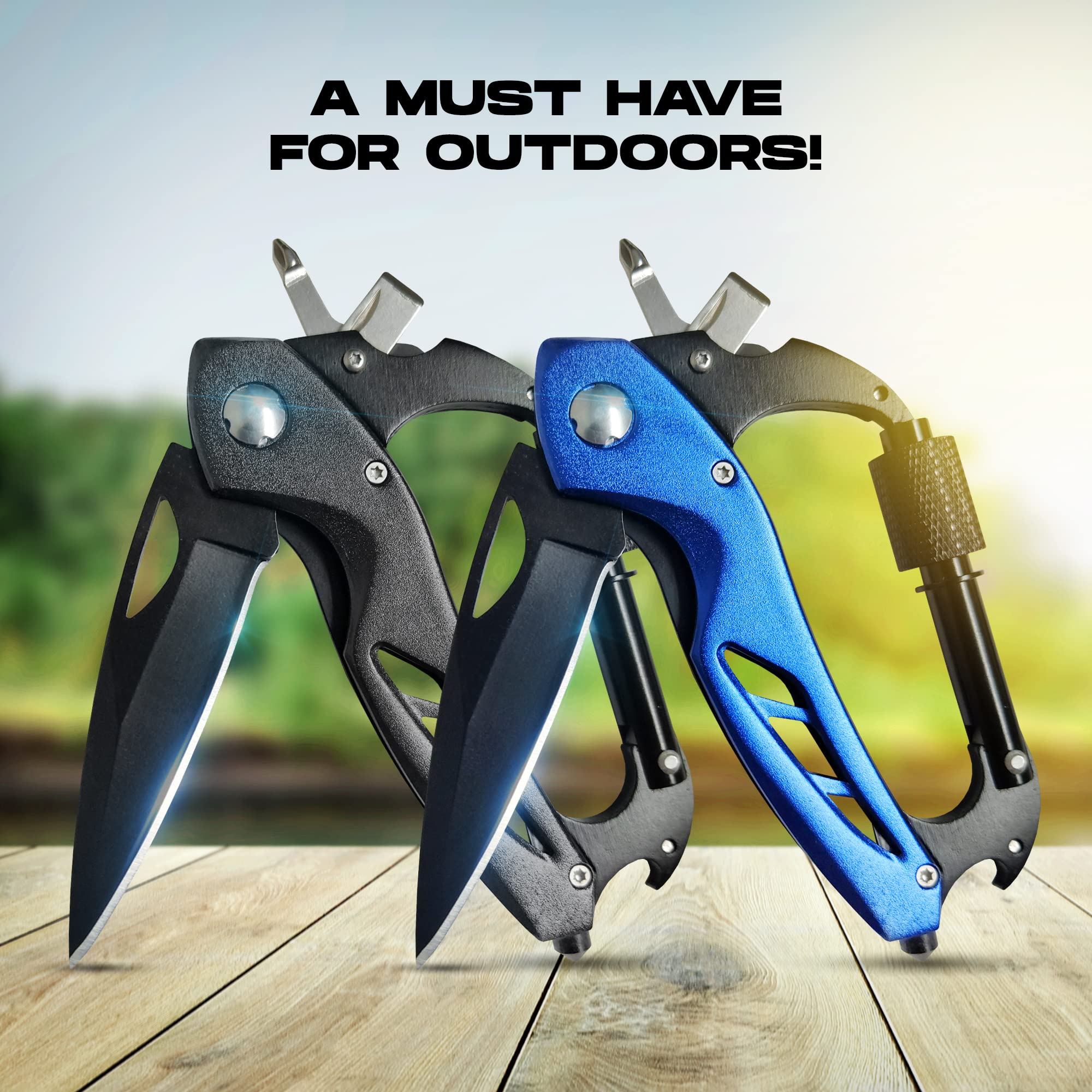 OFFICIAL SURVIVAL GEAR 2-Pack Outdoor Carabiner Multitool, Carabiner Knife, EDC Pocket Knife Survival Gear with Glass Breaker