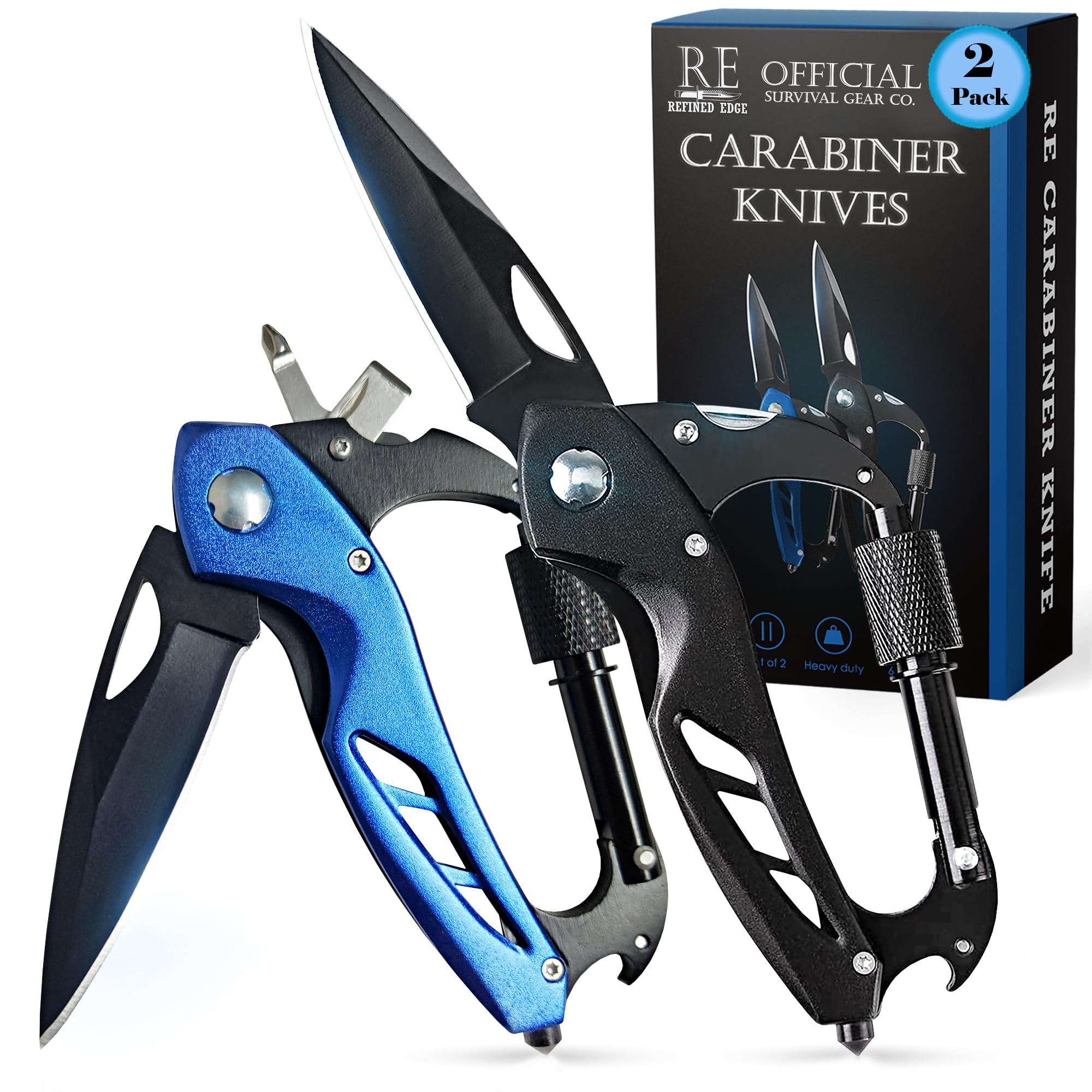 OFFICIAL SURVIVAL GEAR 2-Pack Outdoor Carabiner Multitool, Carabiner Knife, EDC Pocket Knife Survival Gear with Glass Breaker