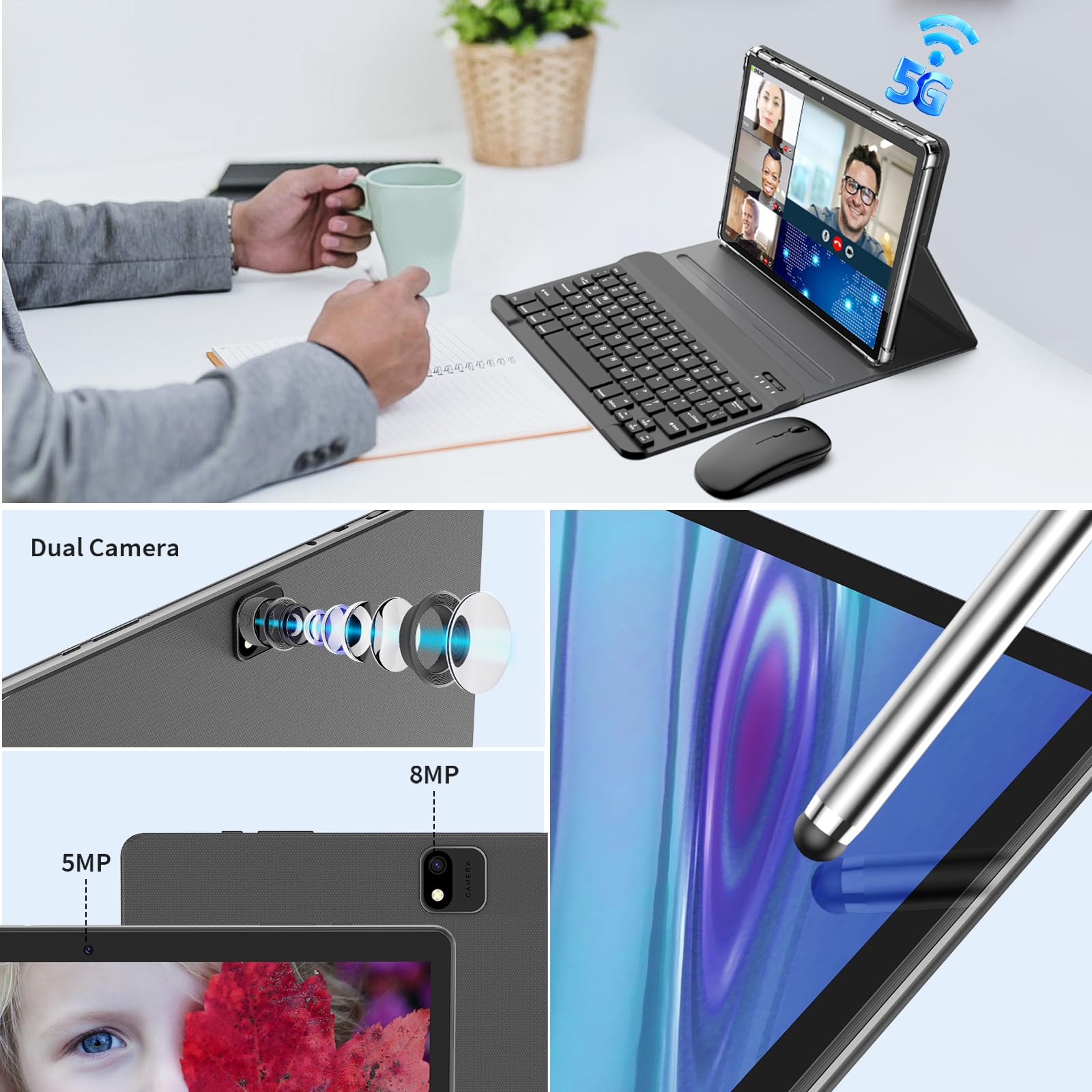 RliyOliy Tablet with Keyboard, 2 in 1 Tablet, 6GB+128GB, 1TB Expand, Android 13 Tablet, 10 inch Tablet with Case, Mouse, Stylus, 8000mAh Battery, 2.4G/5G WiFi, GPS, Certified Tablet PC