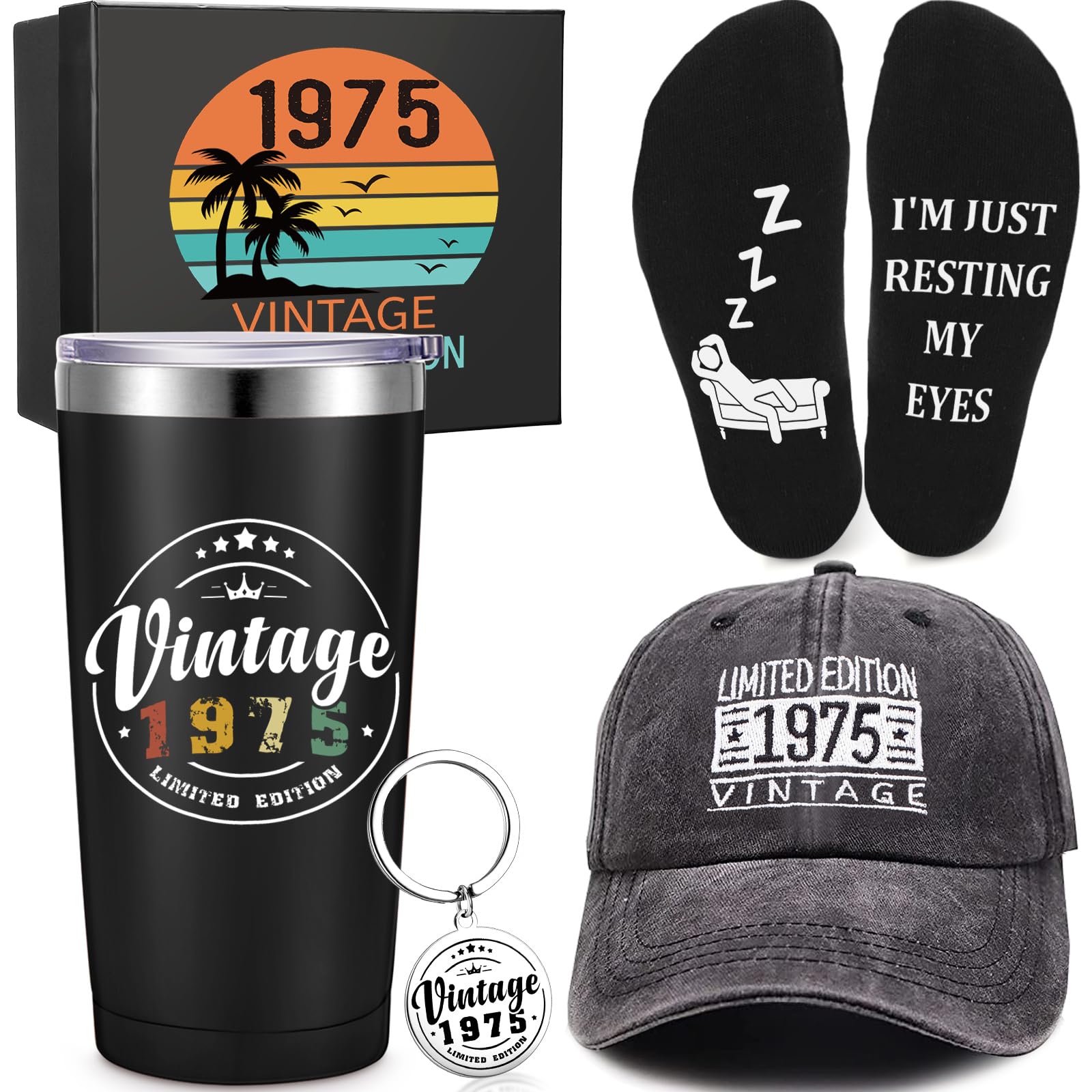Sieral 5 Pcs 50th Birthday Gifts for Men 50th Birthday Present for Him Include Tumbler Baseball Cap Socks Keychain Gift Box