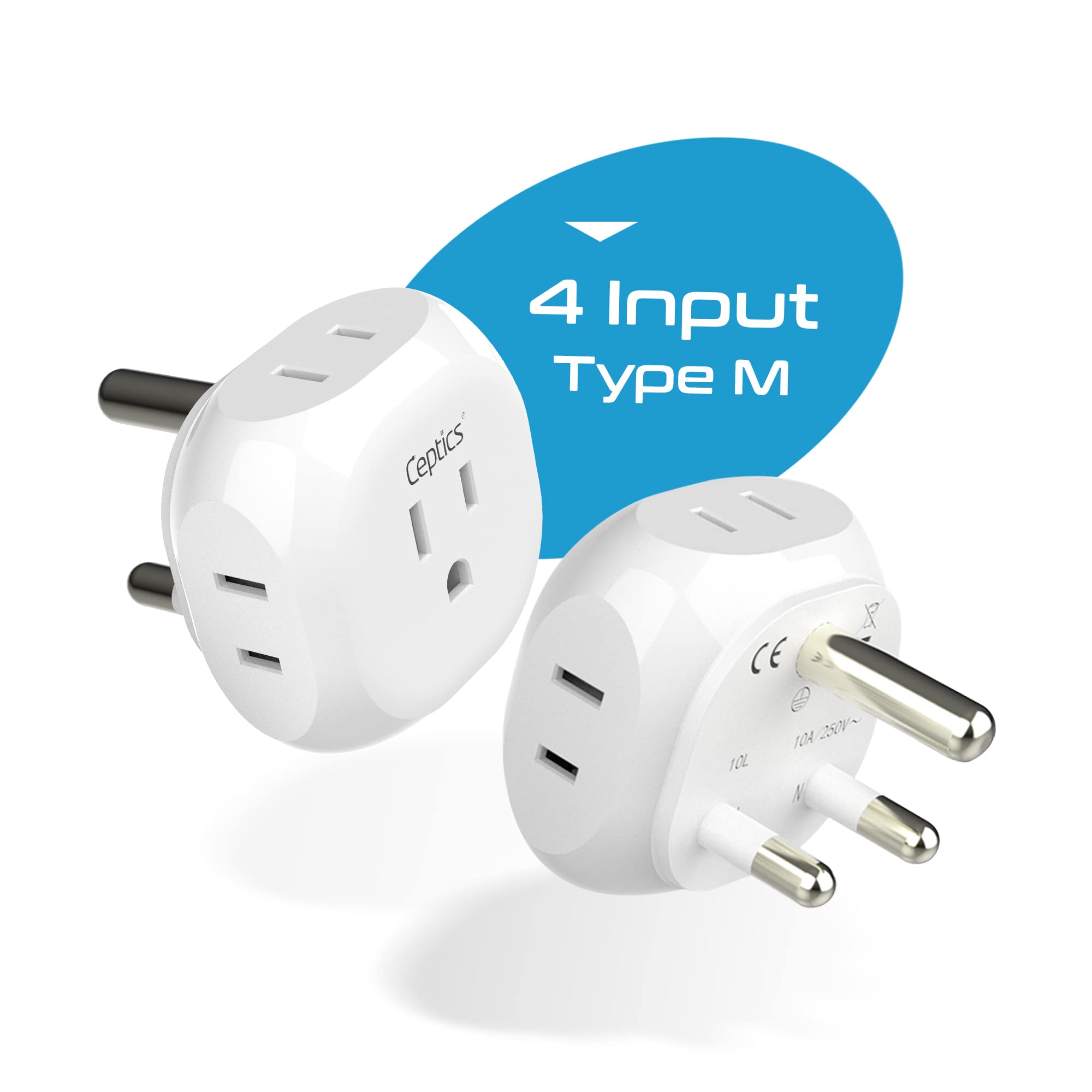 Ceptics South Africa Travel Plug Adapter South Africa Power Adapter Charger 4 Input - USA to Any Type M Countries Such as Botswana, Namibia and More - 2 Pack (PT-10L), White (PT-10L-2PK)
