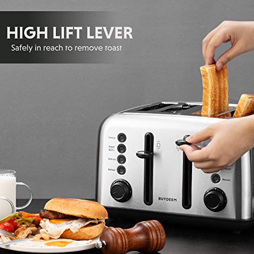 BUYDEEM DT640 4-Slice Toaster, Extra Wide Slots, Retro Stainless Steel with High Lift Lever, Bagel and Muffin Function, Removal Crumb Tray, 7-Shade Settings (Stainless Steel)