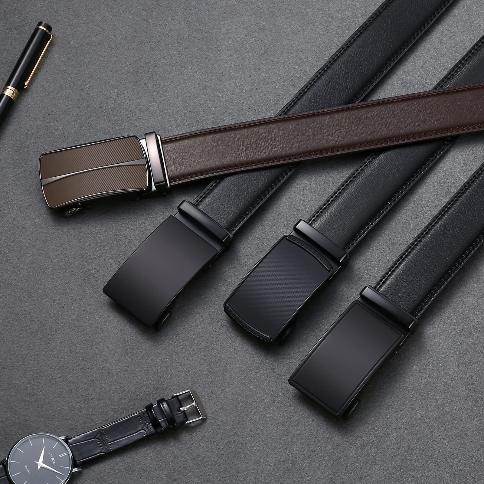 SENDEFN Men's Leather Belt Automatic Ratchet Buckle Slide Belt for Dress Casual Trim to Fit with Gift Box(A-black-42)