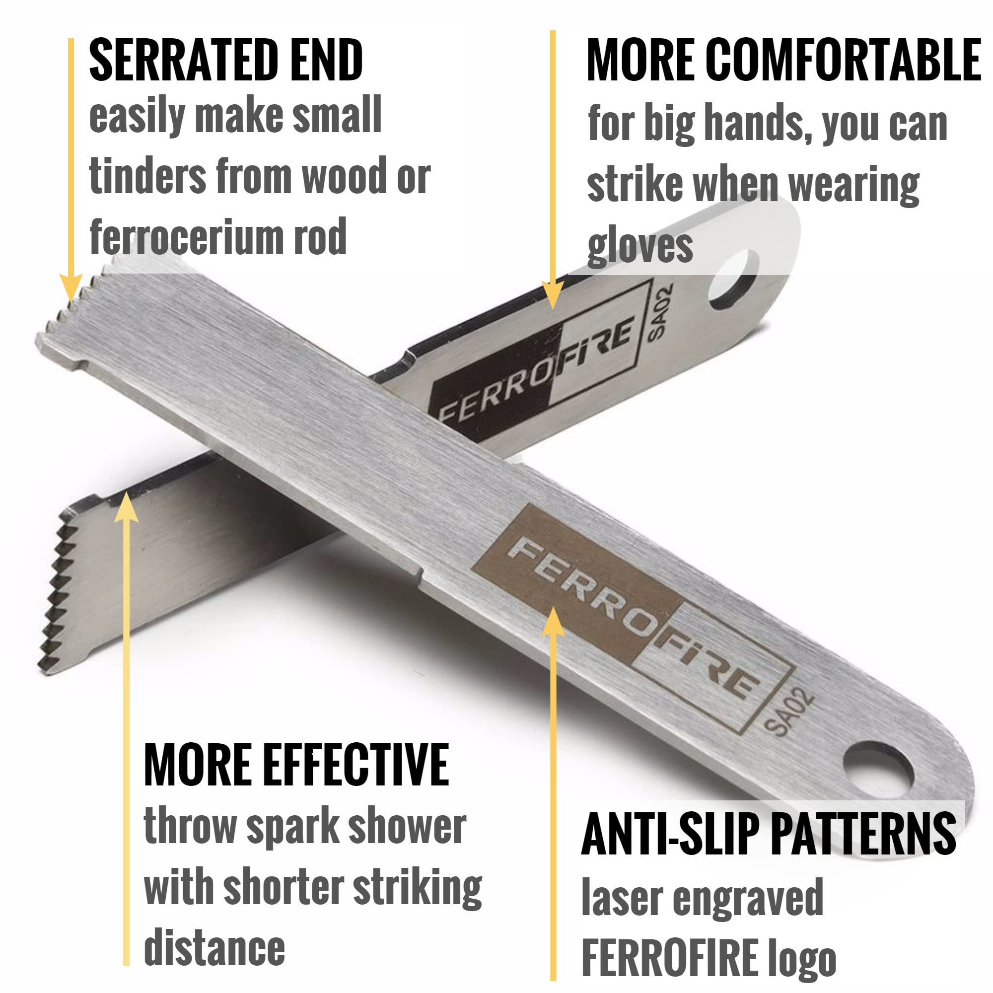 FERROFIRE Striker SA02 Super Sharp Big Serrated Ferro Rod Striker Carbon Alloy Steel Striker for Generating Sparks Without Lanyard (Pack of 2)