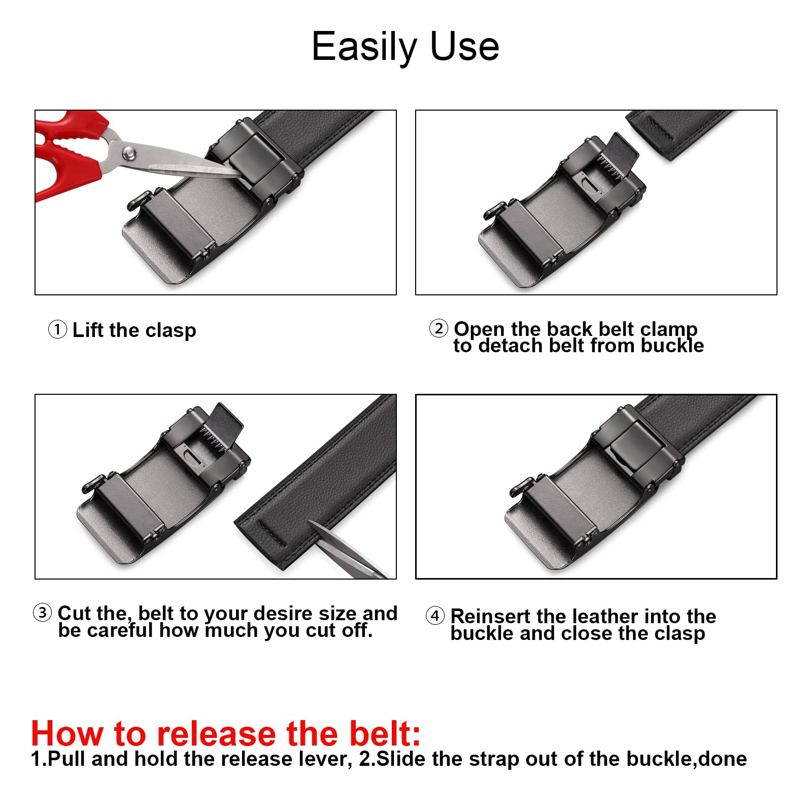SENDEFN Men's Leather Belt Automatic Ratchet Buckle Slide Belt for Dress Casual Trim to Fit with Gift Box(A-black-42)