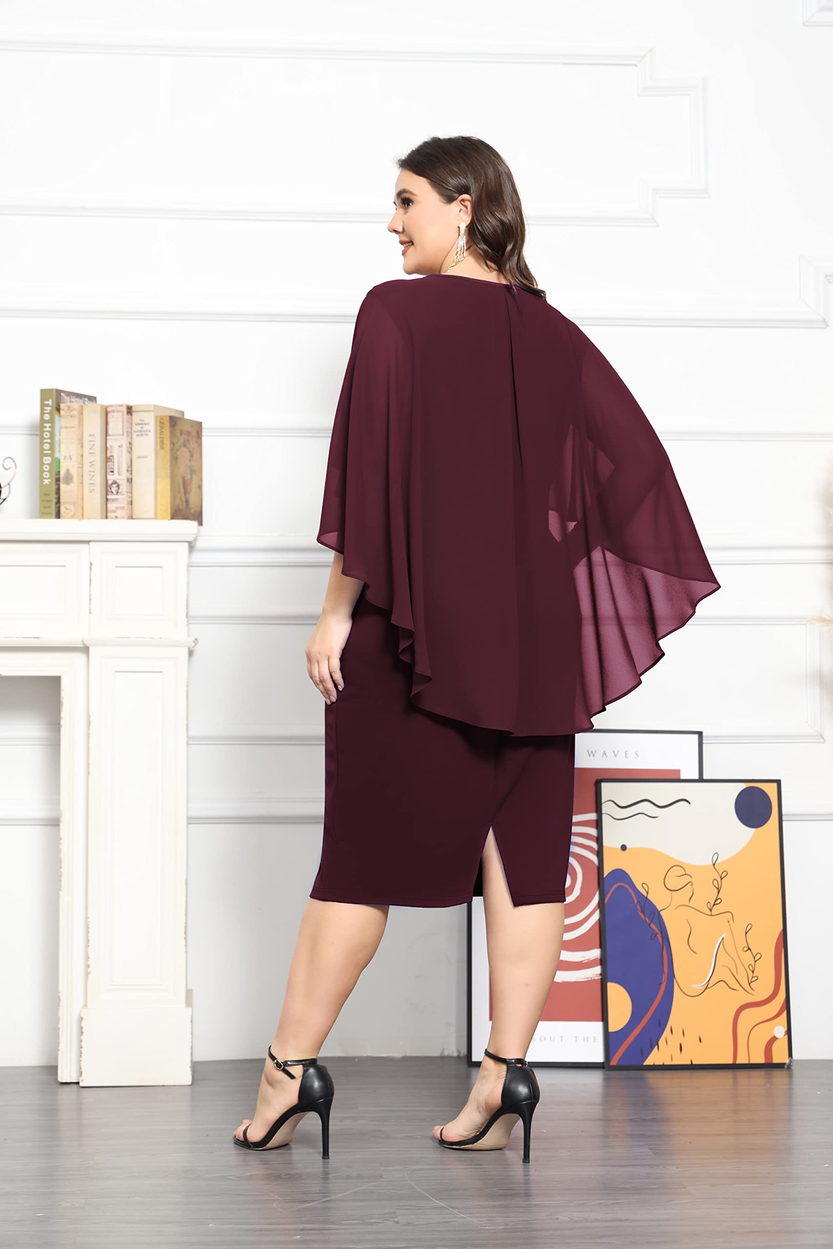 KIMCURVY Women's Cape Chiffon Church Dresses Knee Length Evening Burgundy Pencil Dress L