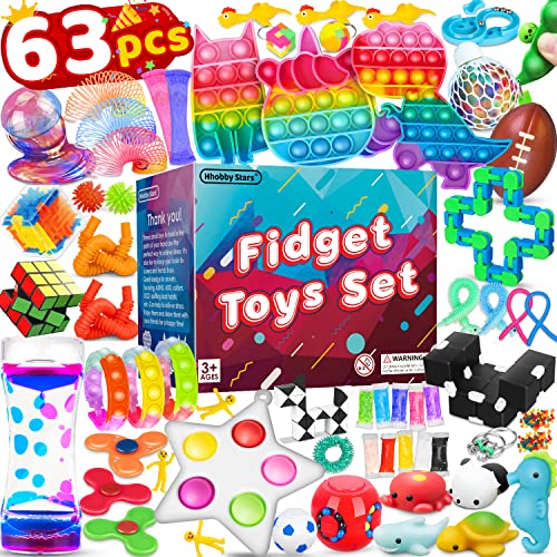(63 Pcs) Fidget Toys Pack, Party Favors Carnival Treasure Classroom Prizes Small Mini Bulk Sensory Figit Toys Set for Boys Girls Kids Adults, Stress Relief & Anxiety Relief Tools Autistic ADHD Toys