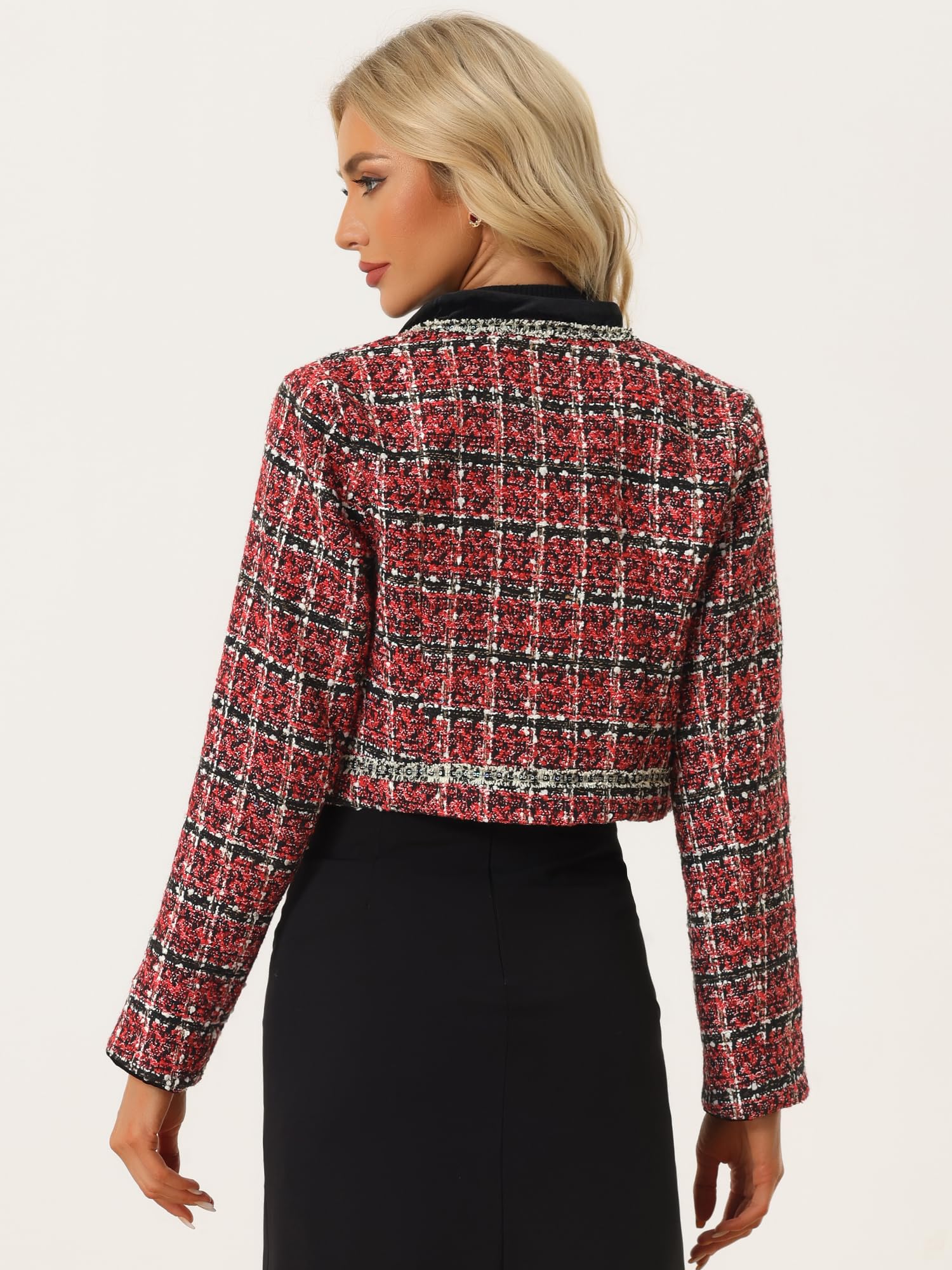 Allegra K Tweed Jacket for Women's Christmas Open Front Office Elegant Crop Blazer Large Red
