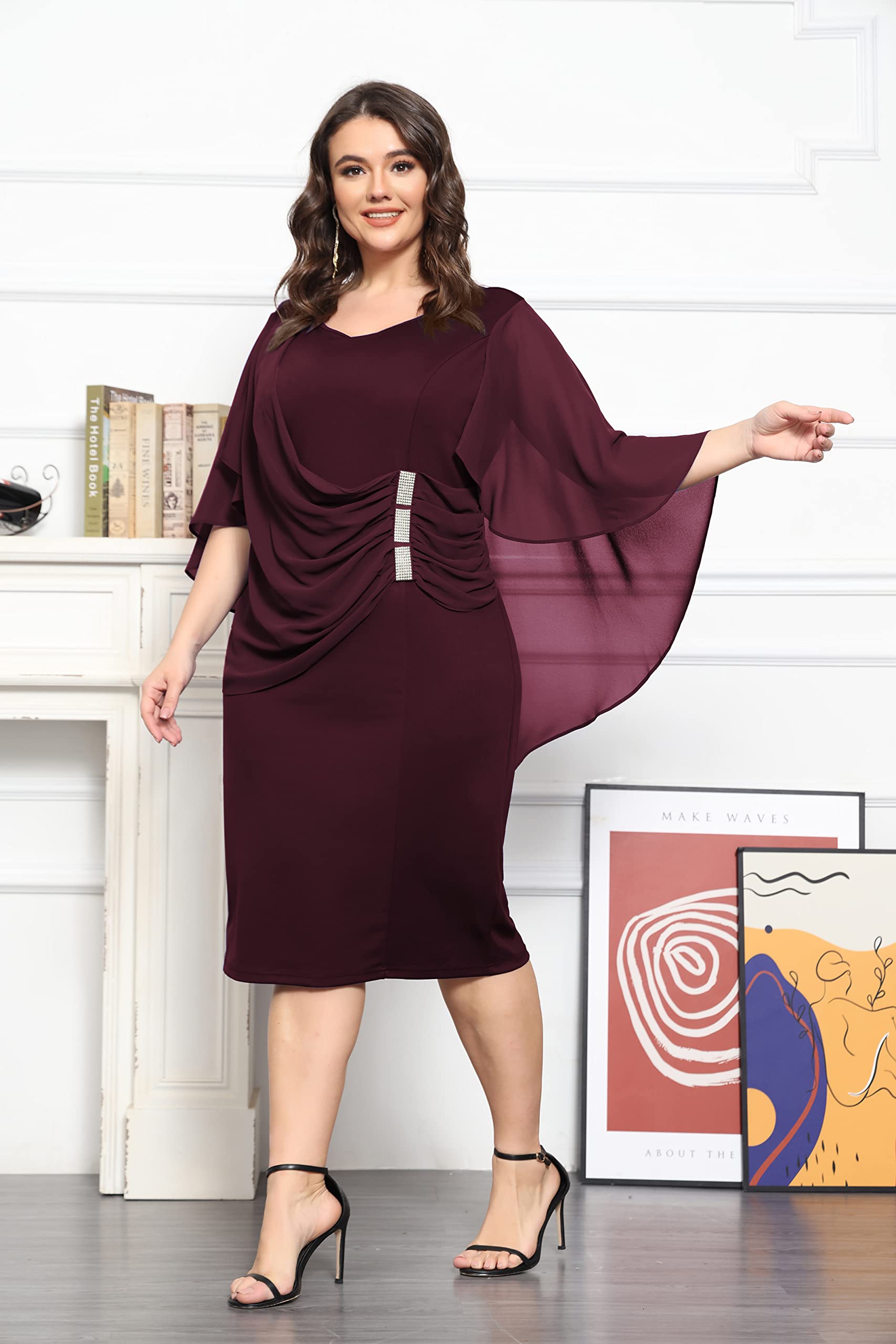 KIMCURVY Women's Cape Chiffon Church Dresses Knee Length Evening Burgundy Pencil Dress L