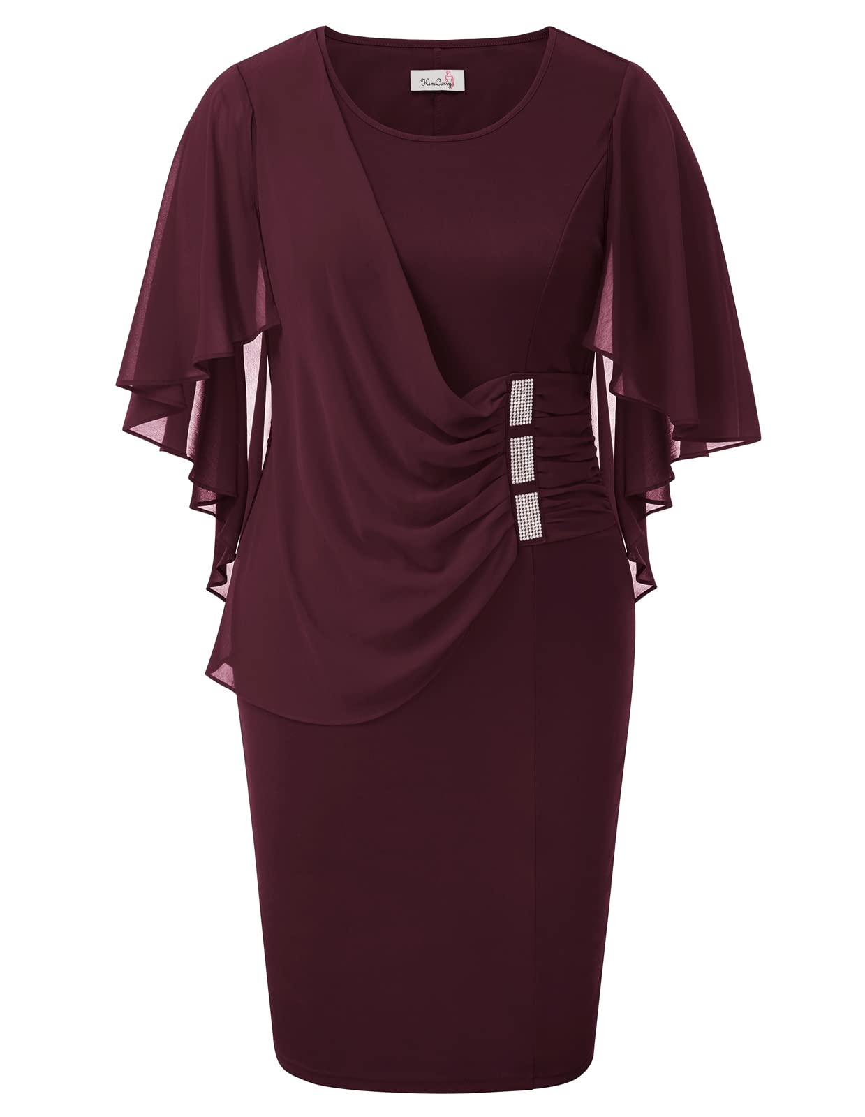 KIMCURVY Women's Cape Chiffon Church Dresses Knee Length Evening Burgundy Pencil Dress L