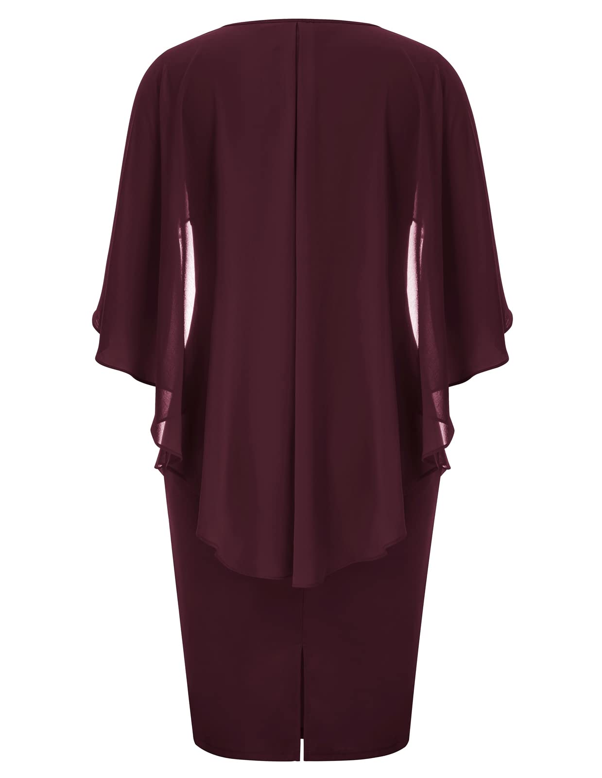KIMCURVY Women's Cape Chiffon Church Dresses Knee Length Evening Burgundy Pencil Dress L