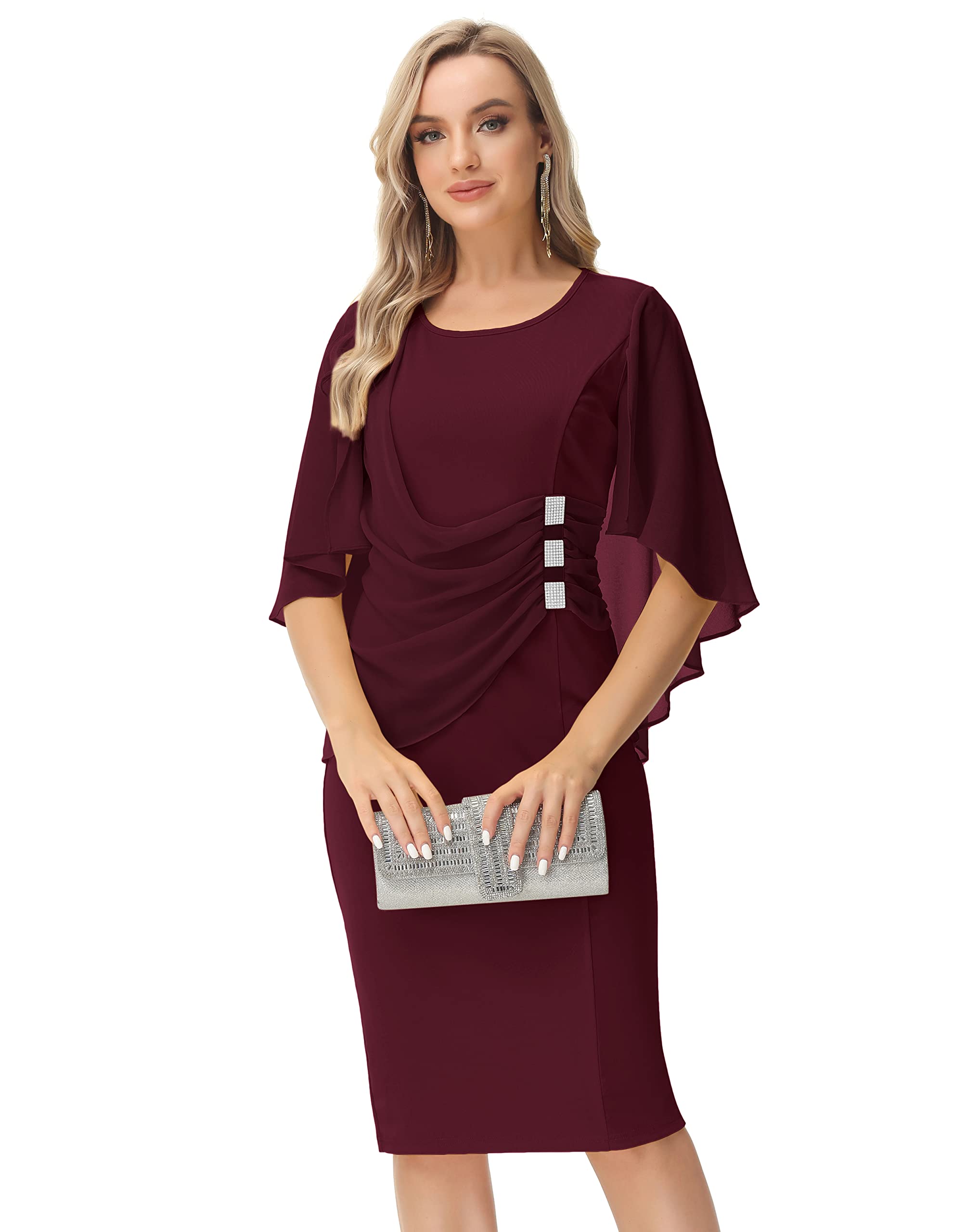 KIMCURVY Women's Cape Chiffon Church Dresses Knee Length Evening Burgundy Pencil Dress L
