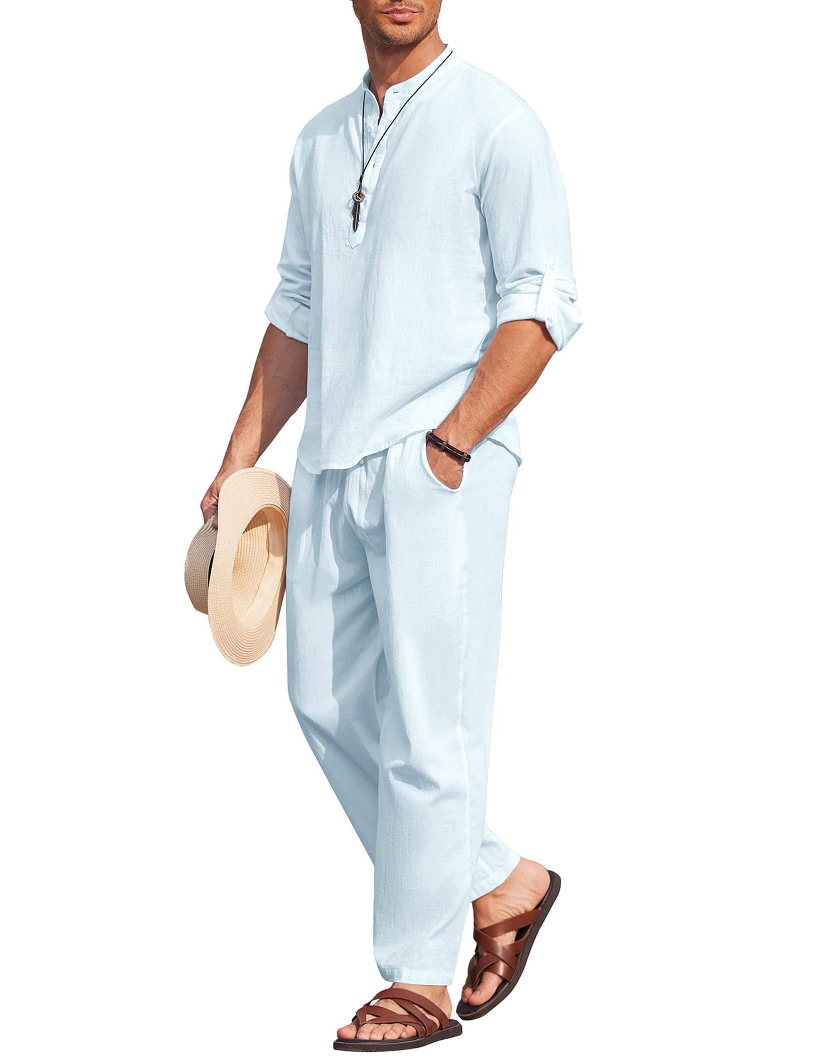 COOFANDY Men's 2 Pieces Cotton Linen Set Long Sleeve Henley Shirts Casual Beach Pants With Pockets Summer Yoga Outfits