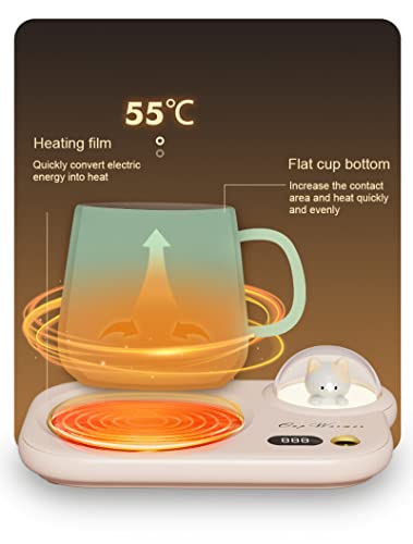 Smart Coffee Mug Warmer, Coffee Cup Heater with Cute Cat Night Light, Auto Shut Off, 3 Temperature Setting LED Display, Electric Beverage Warmer Plate for Coffee Tea Milk Cocoa and etc, Pink