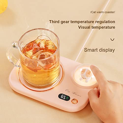 Smart Coffee Mug Warmer, Coffee Cup Heater with Cute Cat Night Light, Auto Shut Off, 3 Temperature Setting LED Display, Electric Beverage Warmer Plate for Coffee Tea Milk Cocoa and etc, Pink