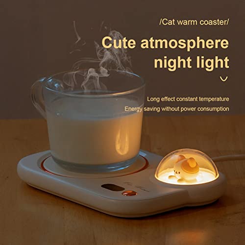 Smart Coffee Mug Warmer, Coffee Cup Heater with Cute Cat Night Light, Auto Shut Off, 3 Temperature Setting LED Display, Electric Beverage Warmer Plate for Coffee Tea Milk Cocoa and etc, Pink